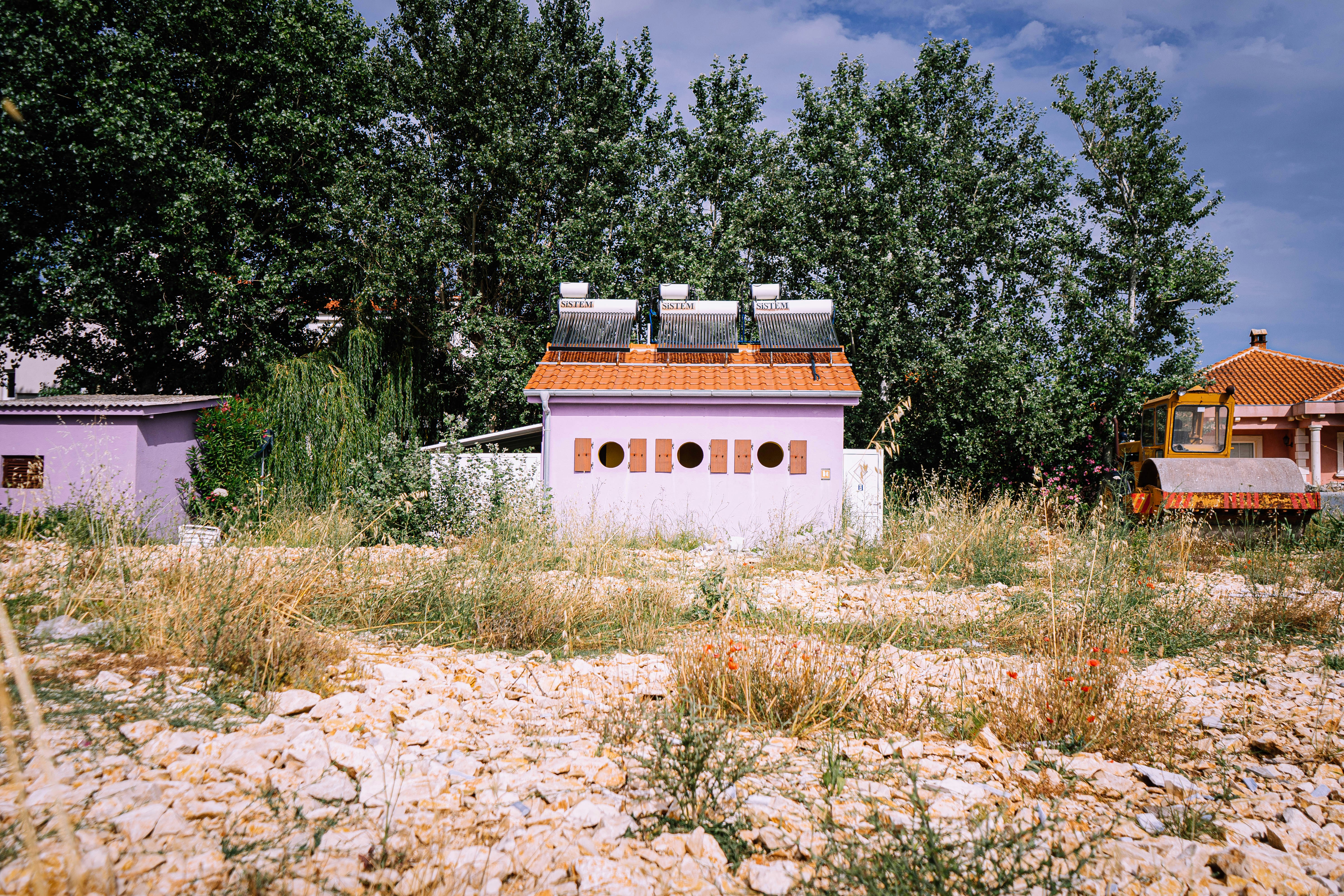brown and white wooden house surrounded by green trees under blue sky during daytime