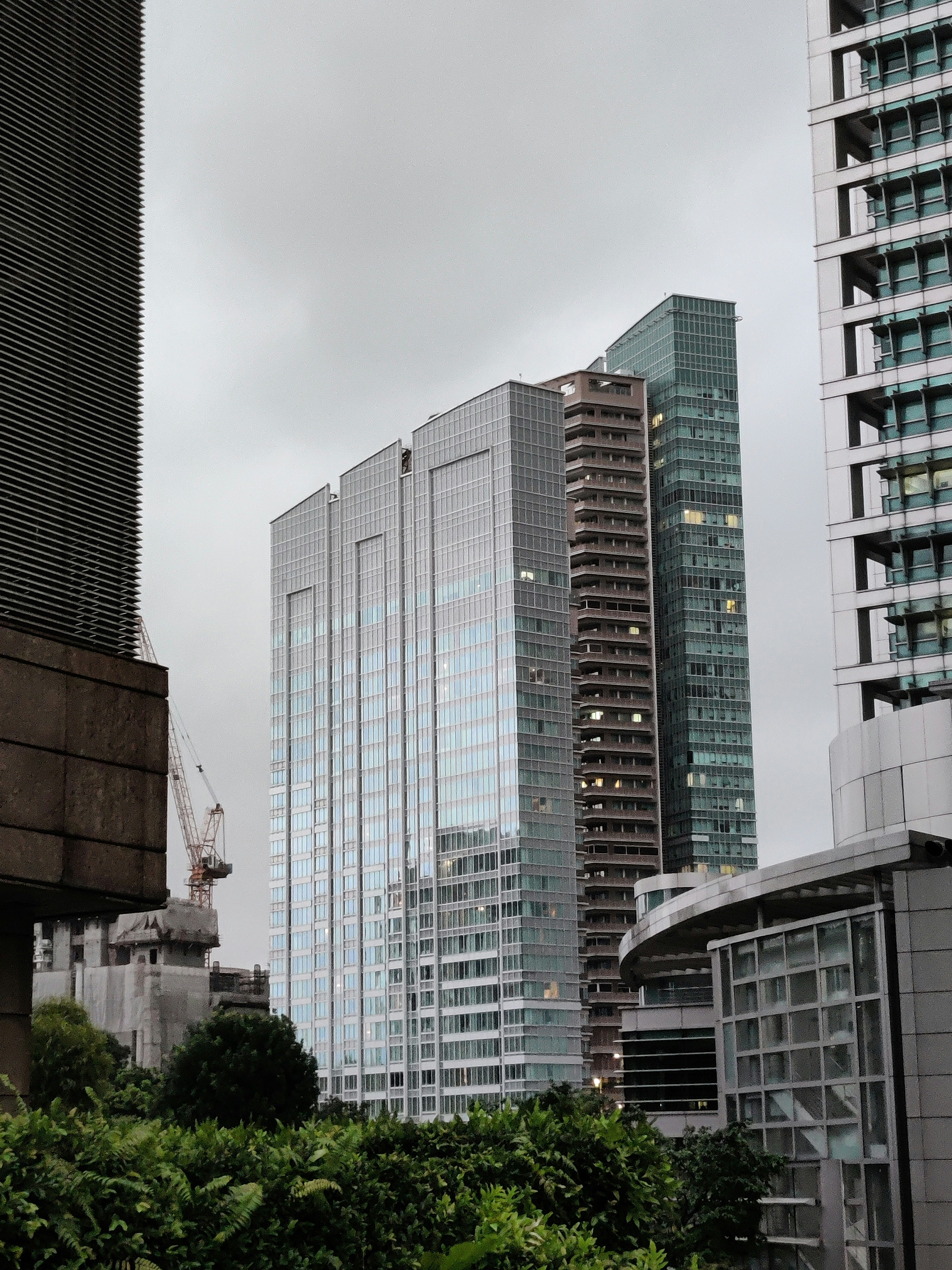 Modern skyscrapers reflecting the overcast sky, framed by lush greenery and construction elements. The scene captures the essence of urban architecture.