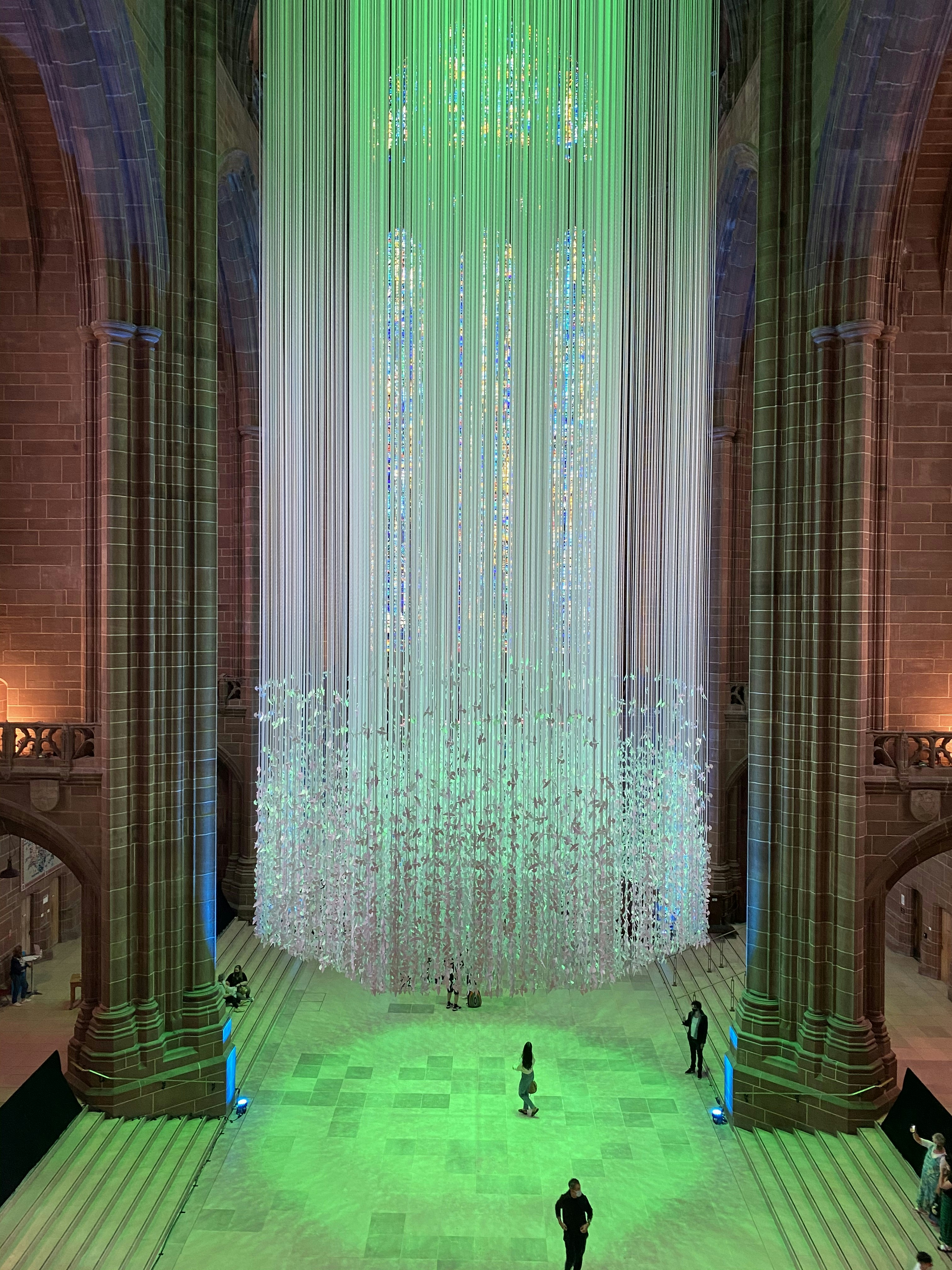 Emerald Curtain: Vertical Light Cascade in a Gothic Cathedral