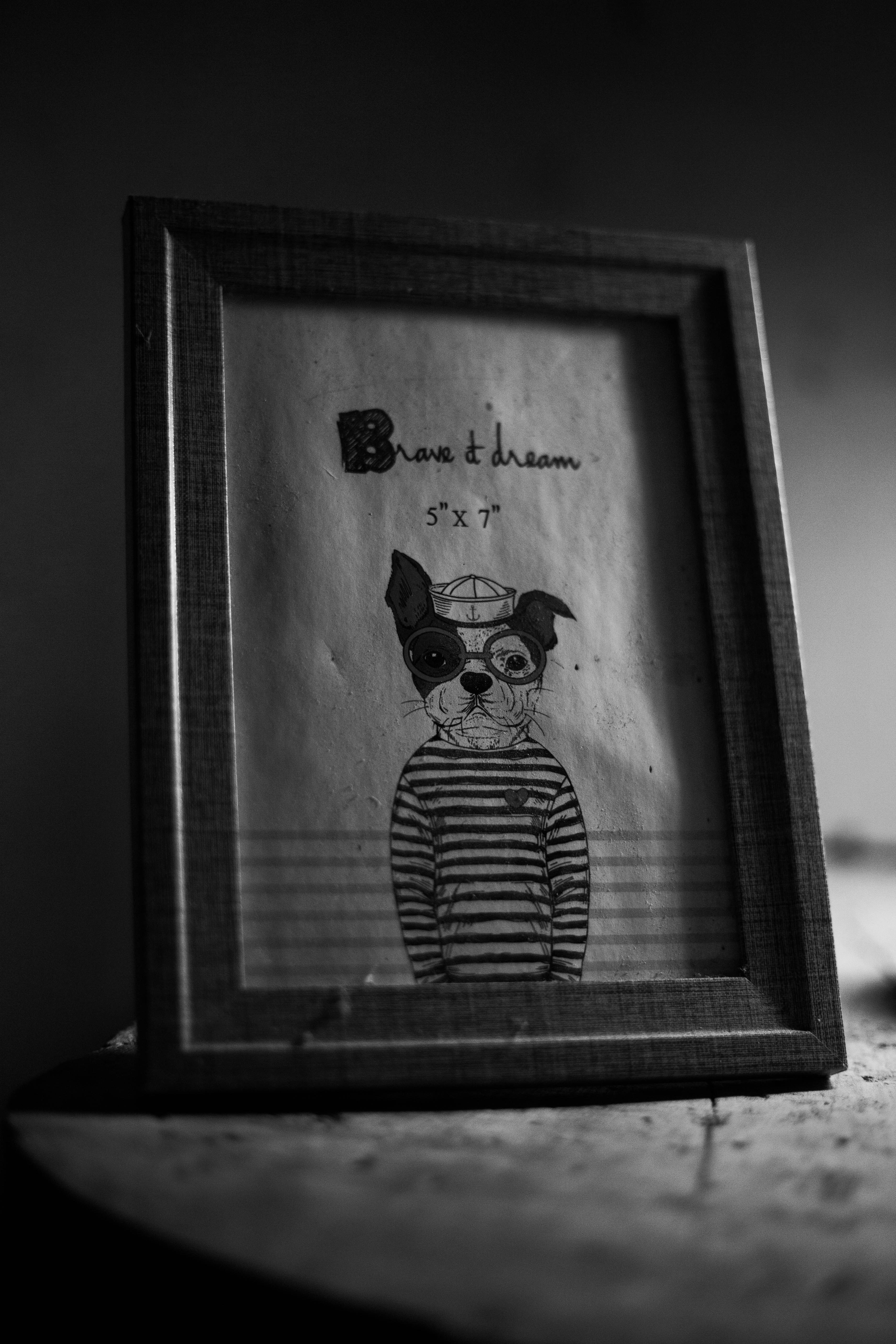 Illustration of a dog wearing glasses and a striped shirt, framed with the text 'Brave it dream' above. The artwork combines humor and charm.