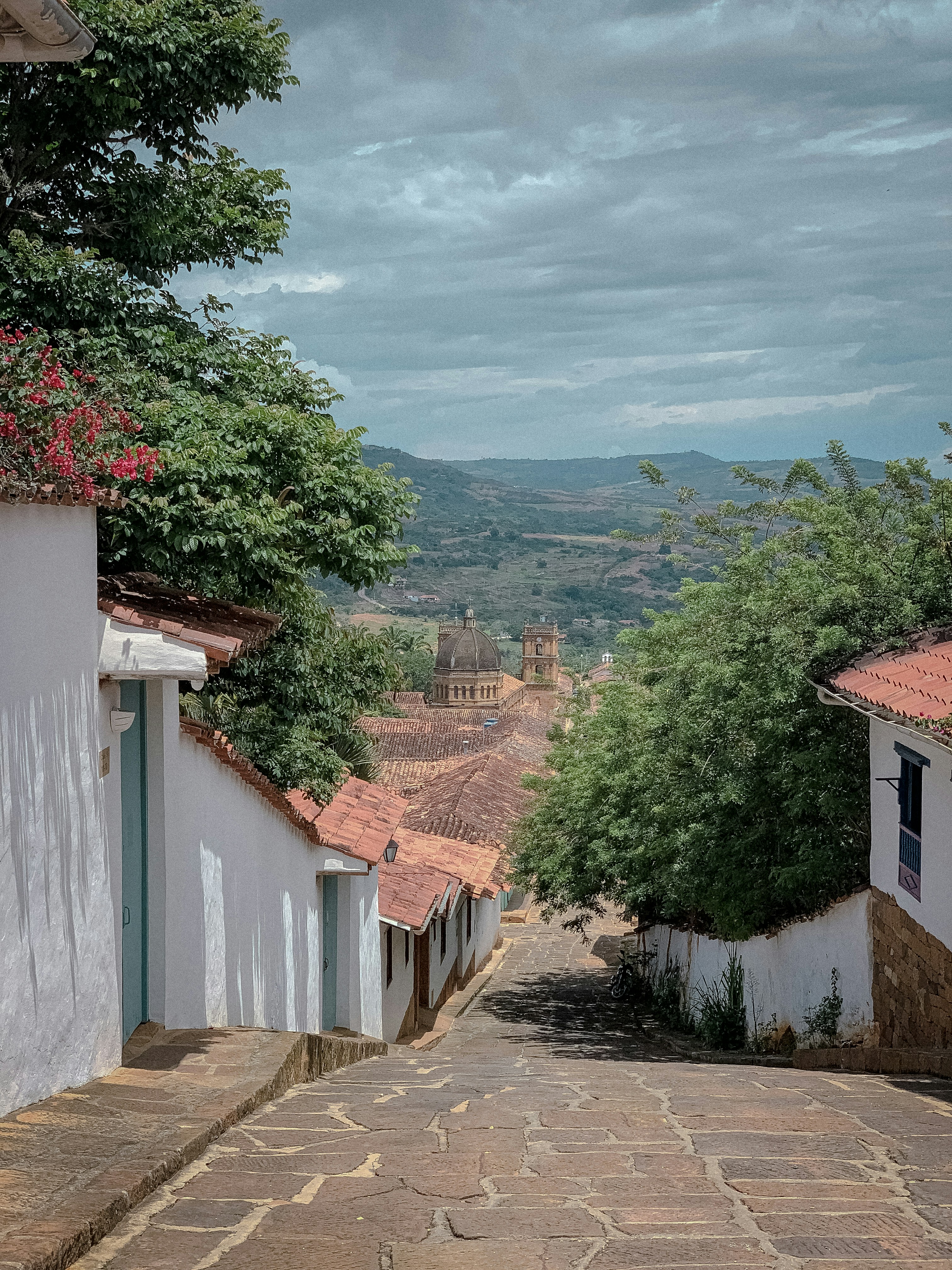 Charming cobblestone street lined with whitewashed houses and vibrant flora, leading to a distant historical town nestled in the hills.