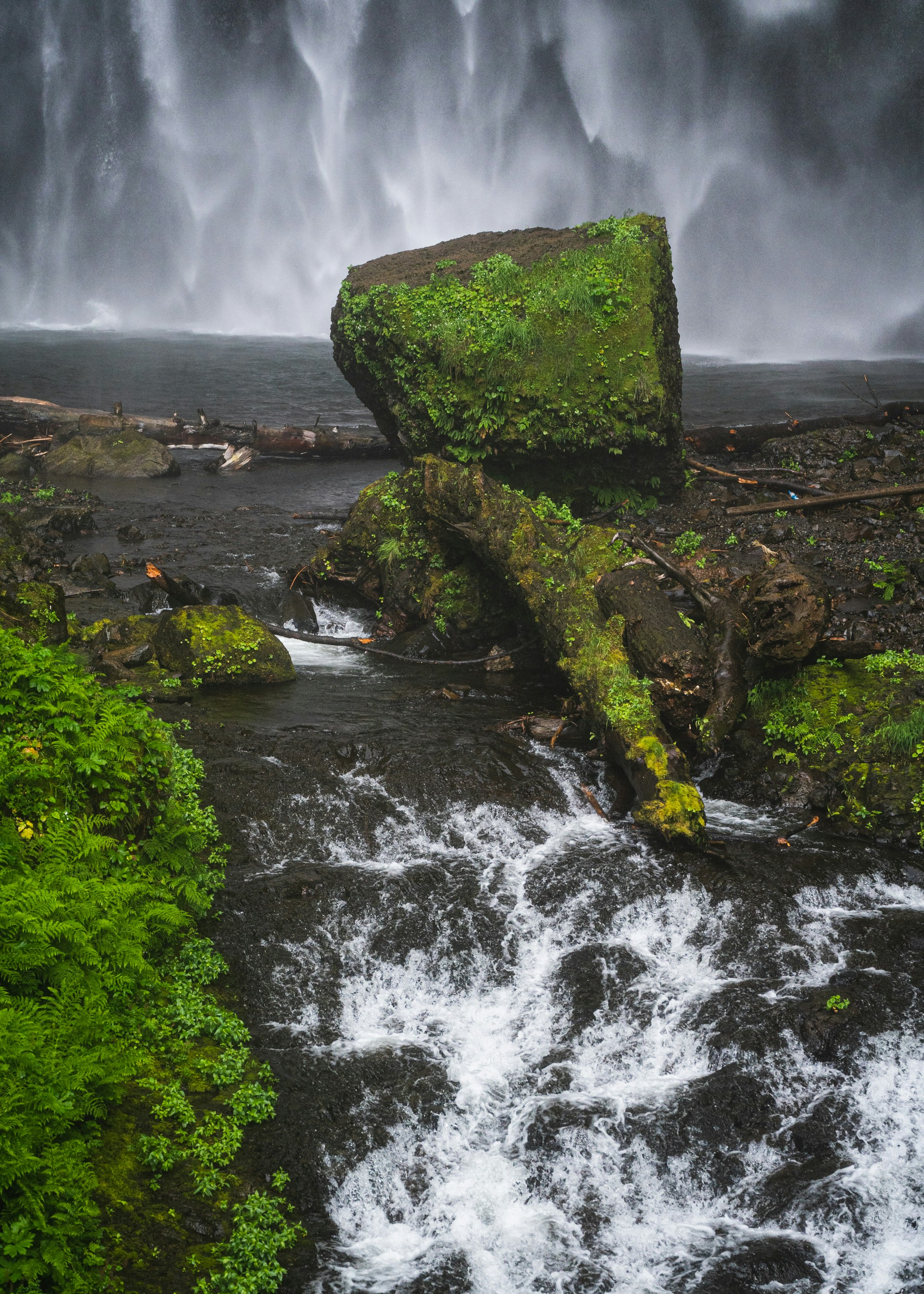 Moss-Crowned Boulder at the Base of a Velvety Cascade
