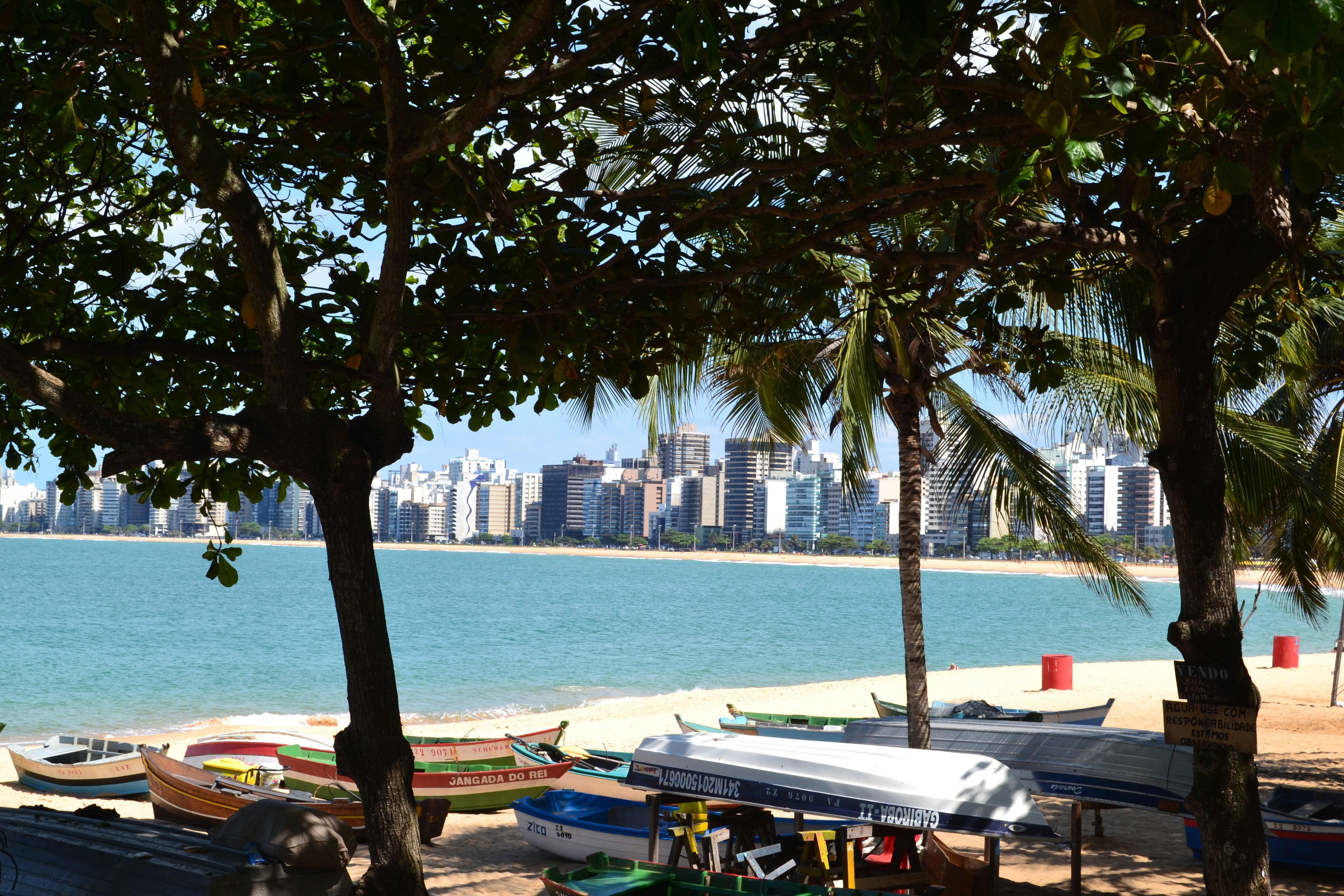 White and blue boat moored near trees with a city skyline across the water.