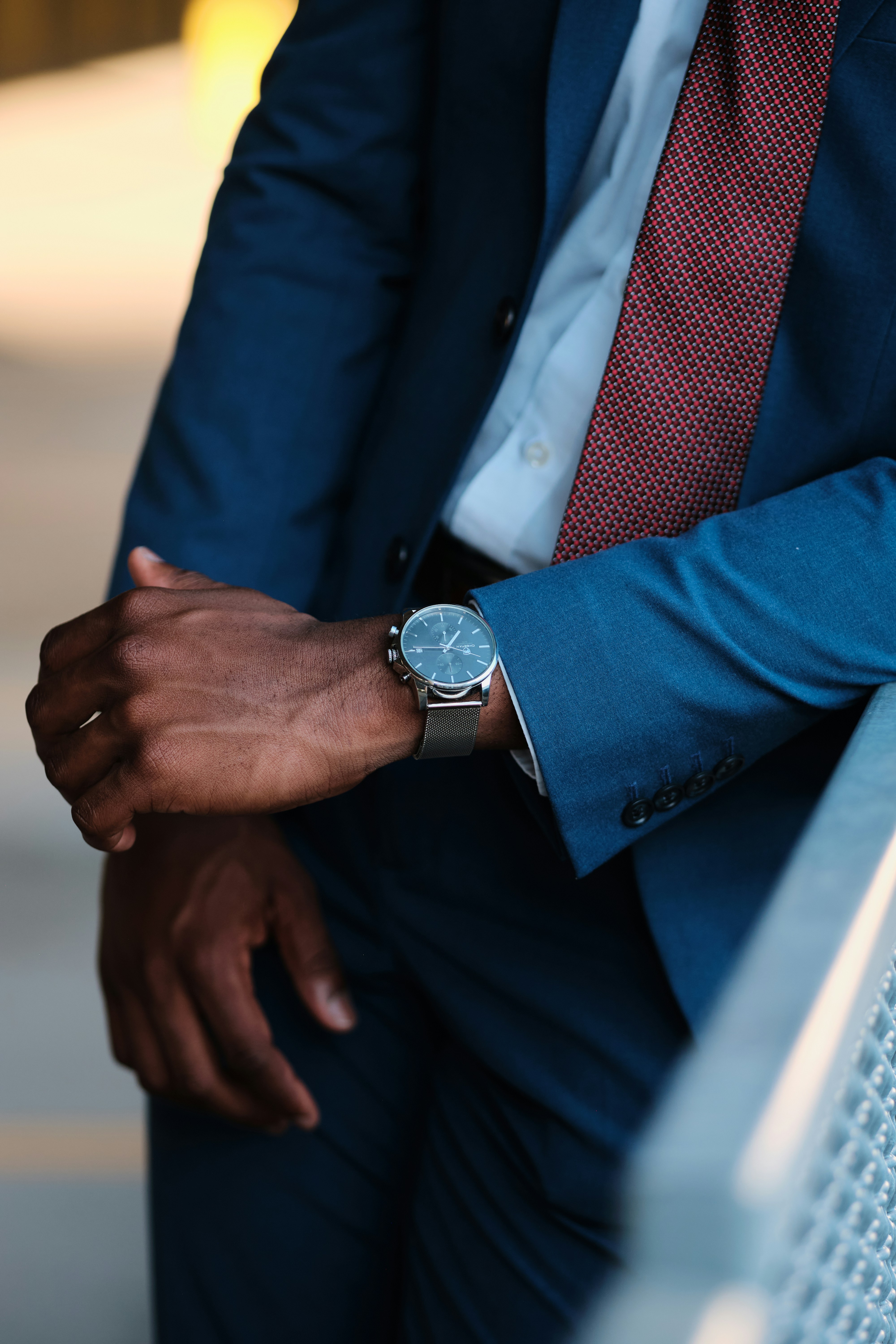 Man in blue suit jacket wearing silver round analog watch photo – Free ...