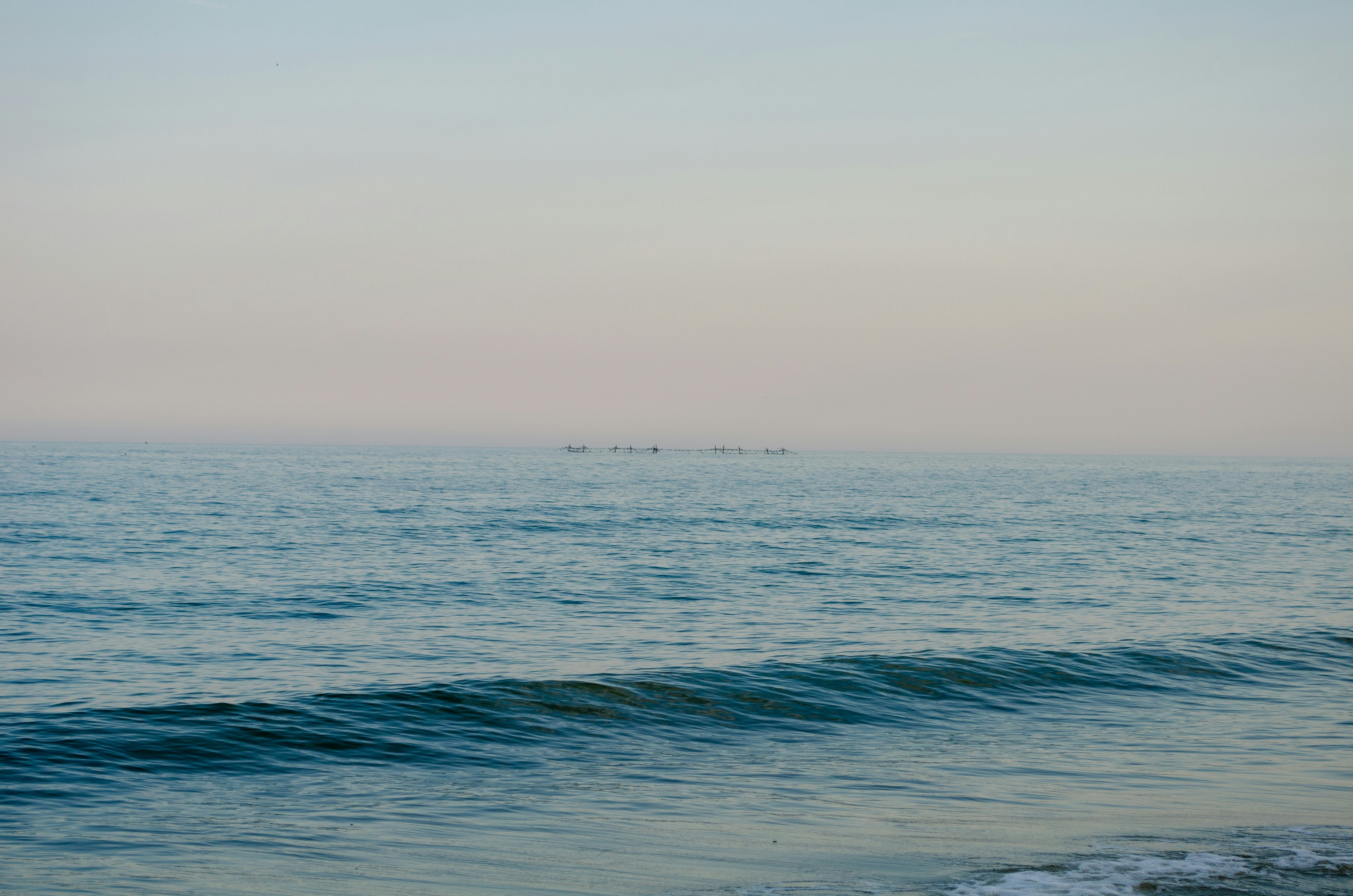 Gentle waves lapping at the shore under a pastel sky, with distant silhouettes of boats barely visible on the horizon.