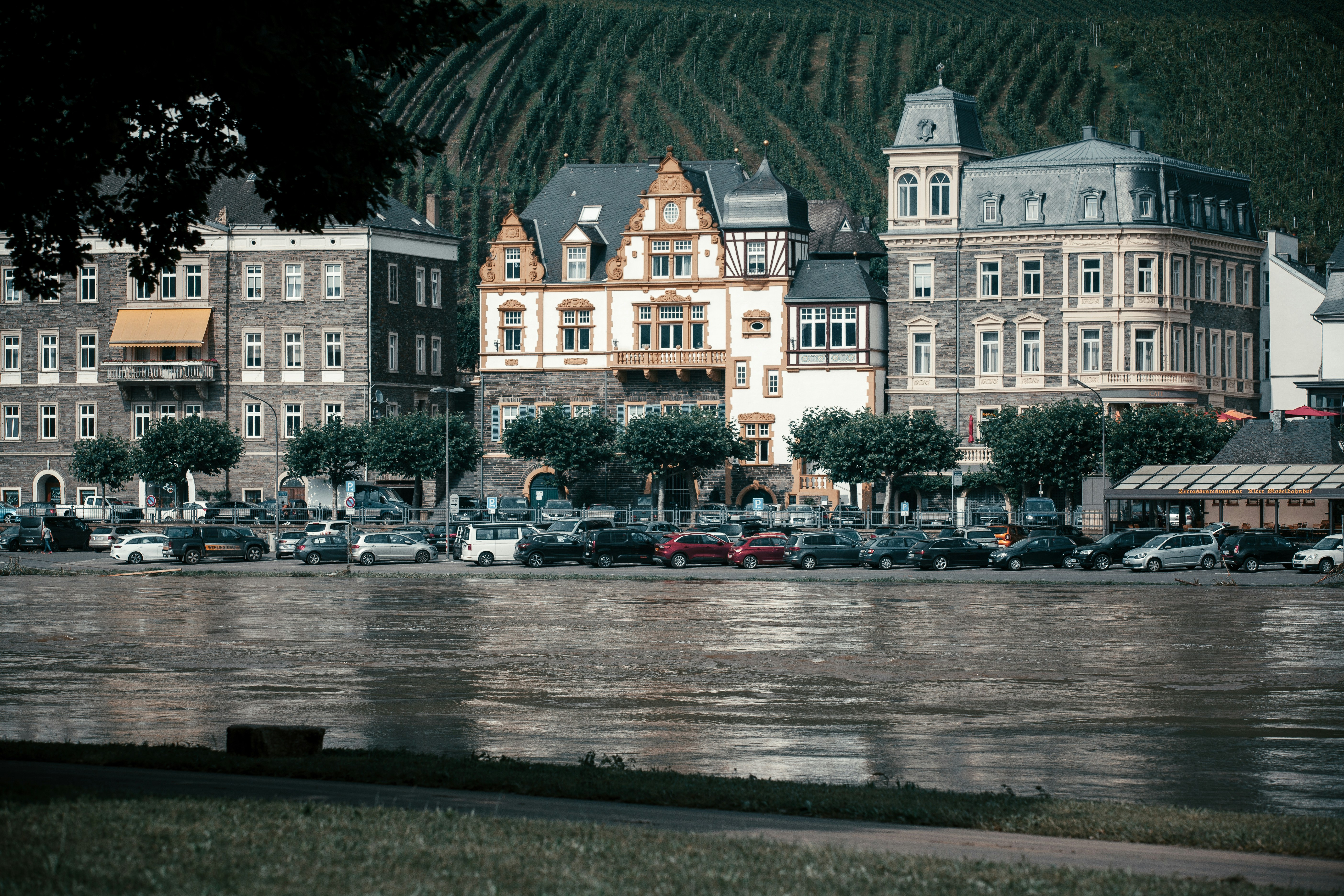 Riverfront Row: Timbered Townhouses Under Soft Daylight