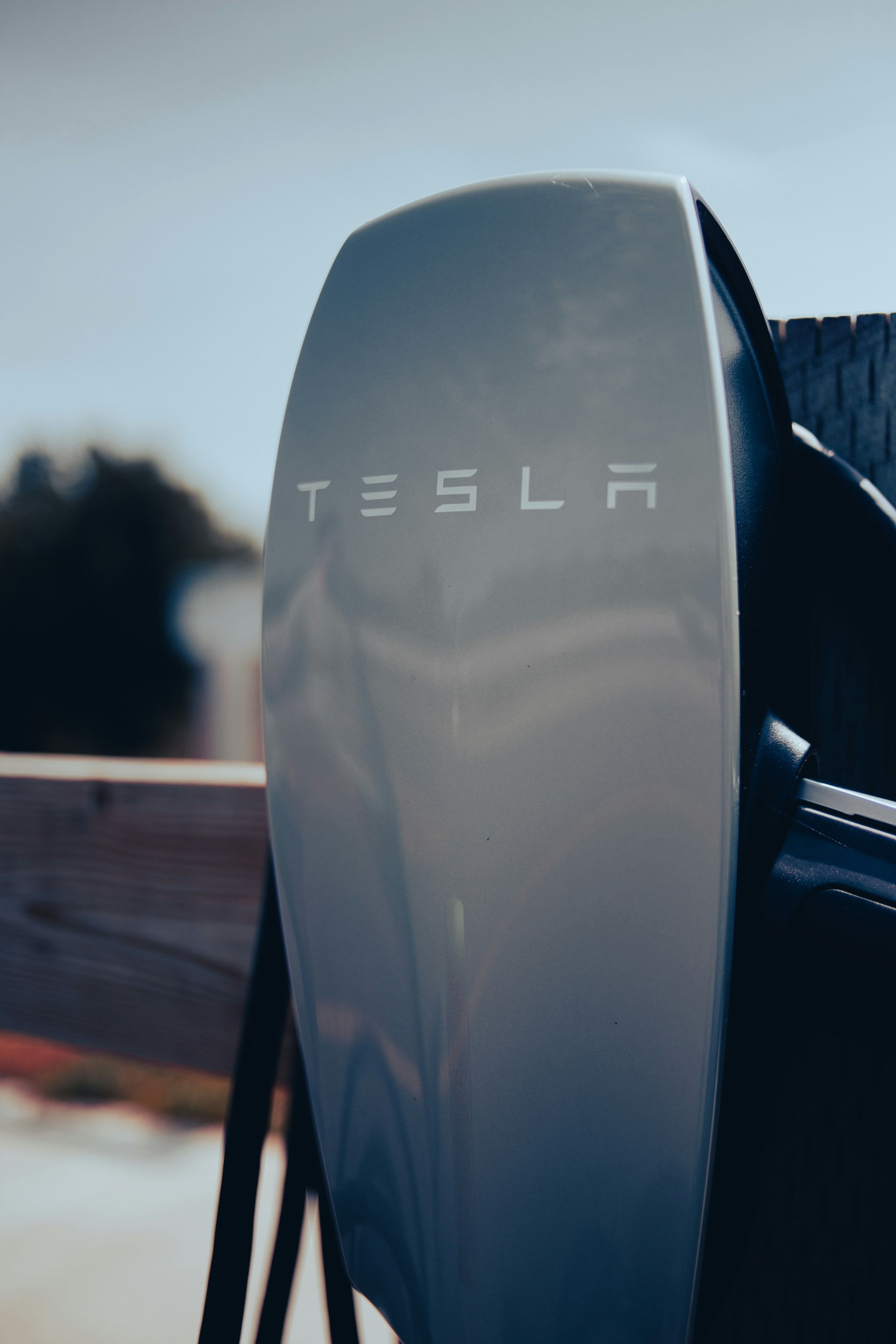 Tesla Emblem in Polished Chrome: Close-Up of a Charging Panel