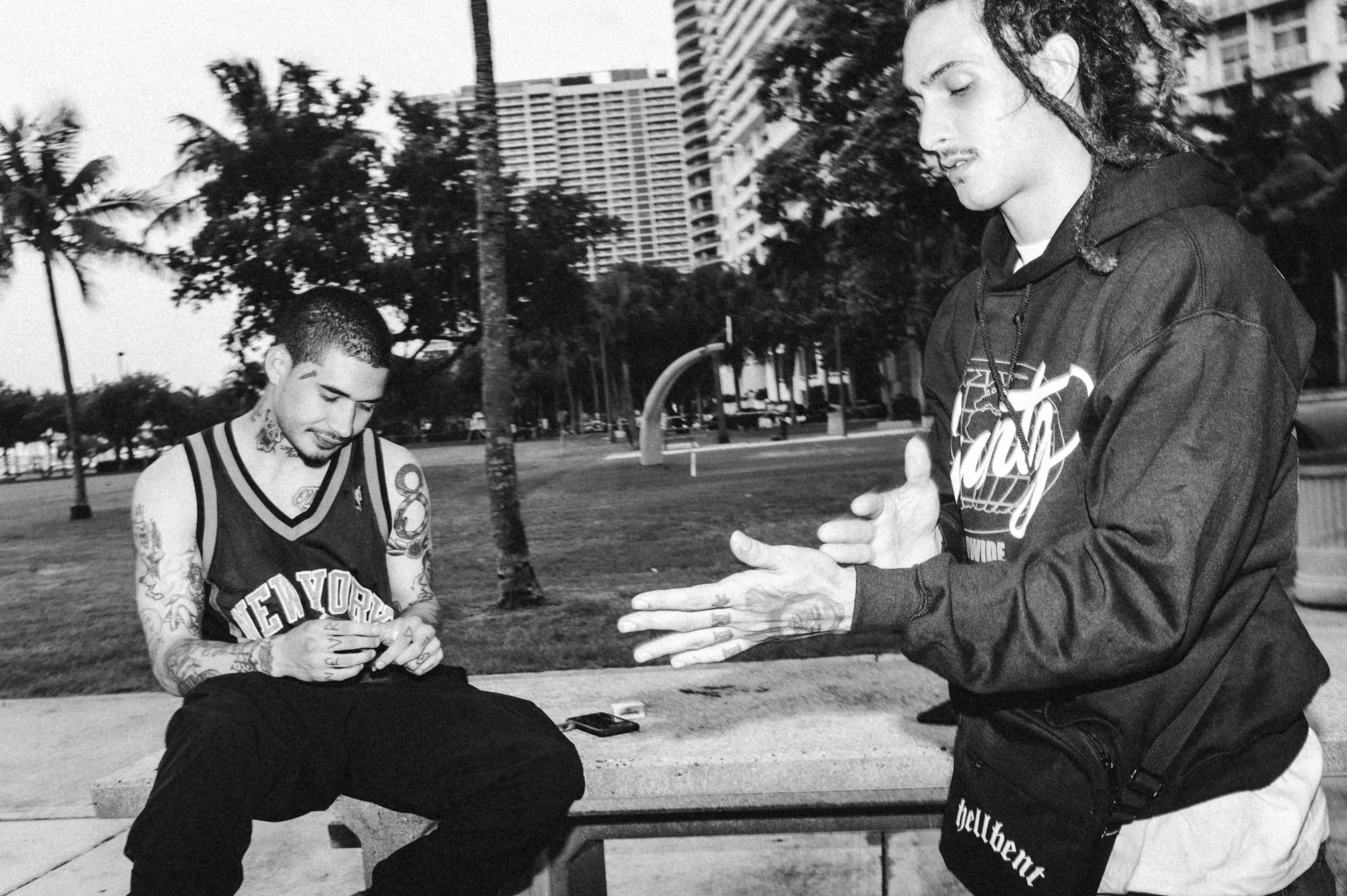Monochrome Exchange on a City Park Bench