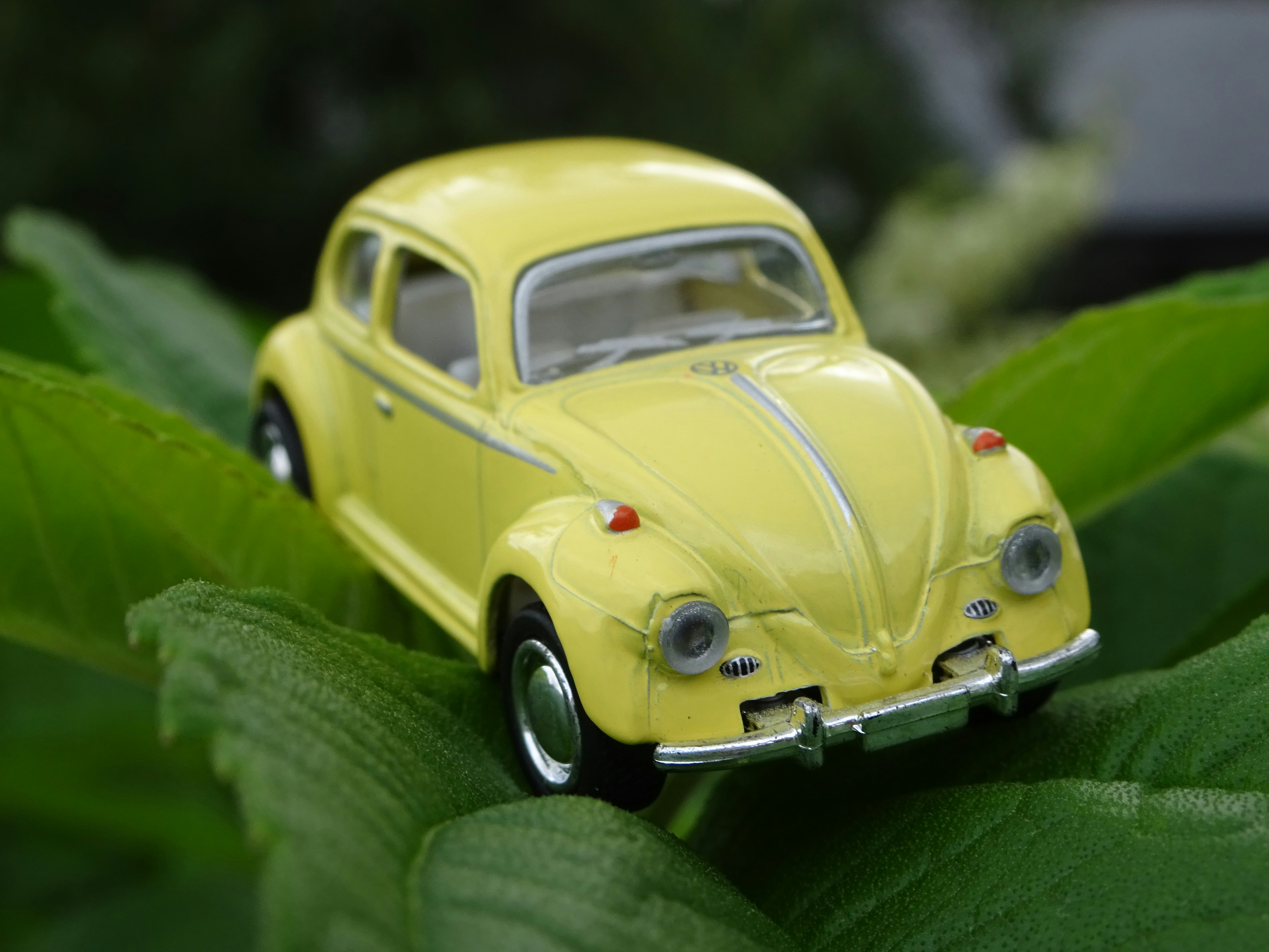 Miniature yellow Volkswagen Beetle perched on vibrant green leaves, showcasing its classic design and playful color.