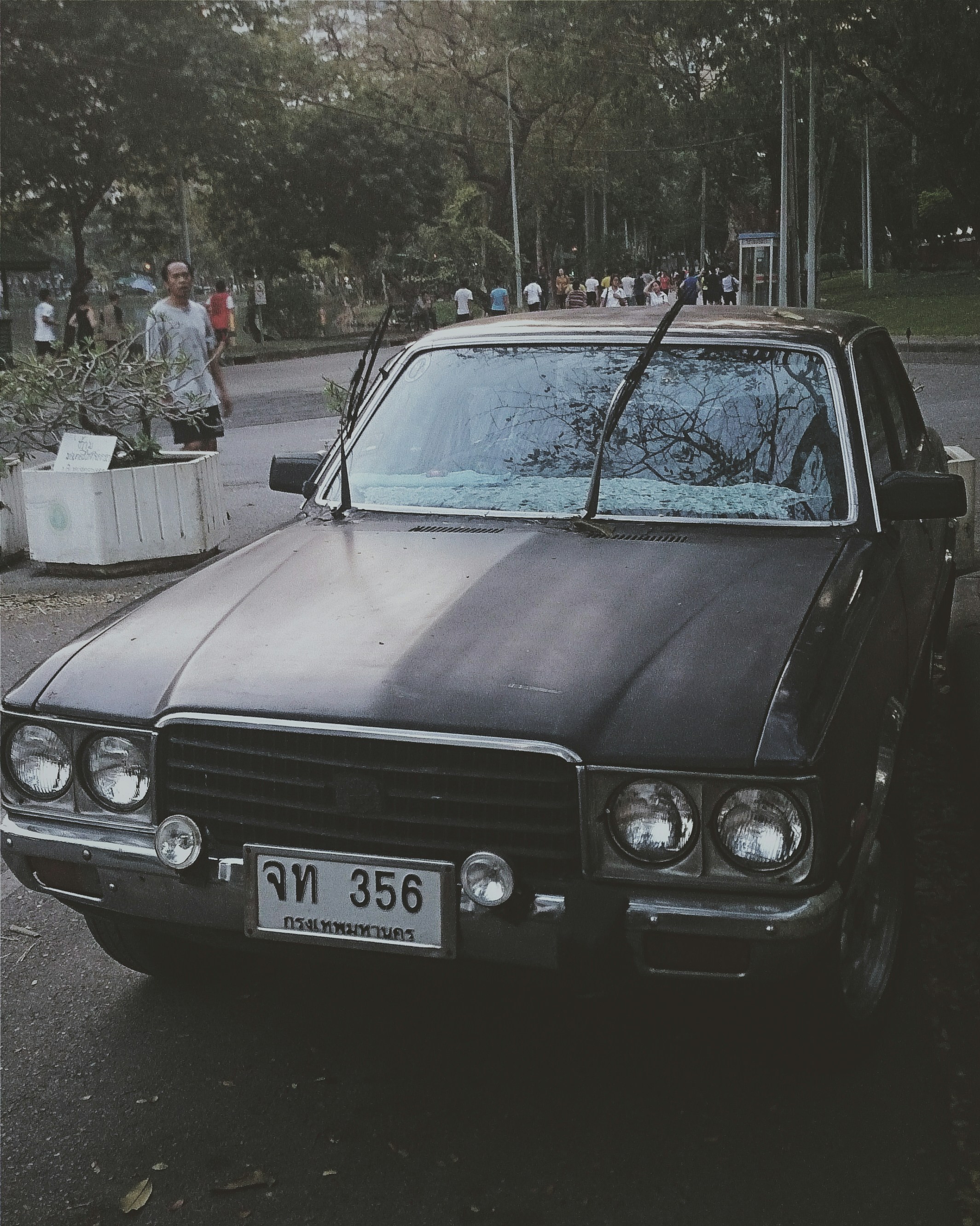 Weathered vintage sedan parked along a park road, wipers raised and pedestrians in the background.