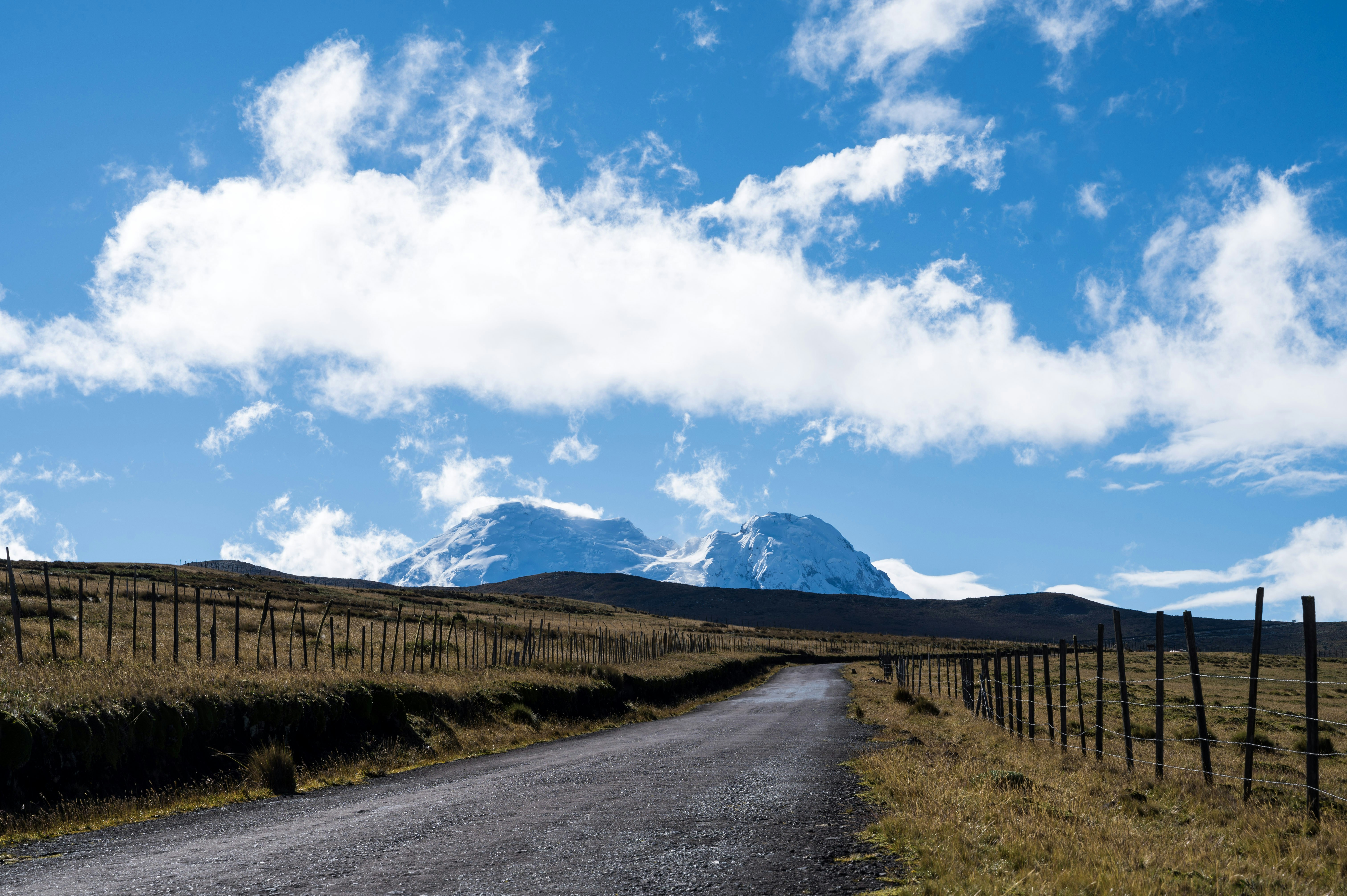 A winding road leads through a grassy expanse towards snow-capped mountains under a vivid blue sky, framed by rustic fences.