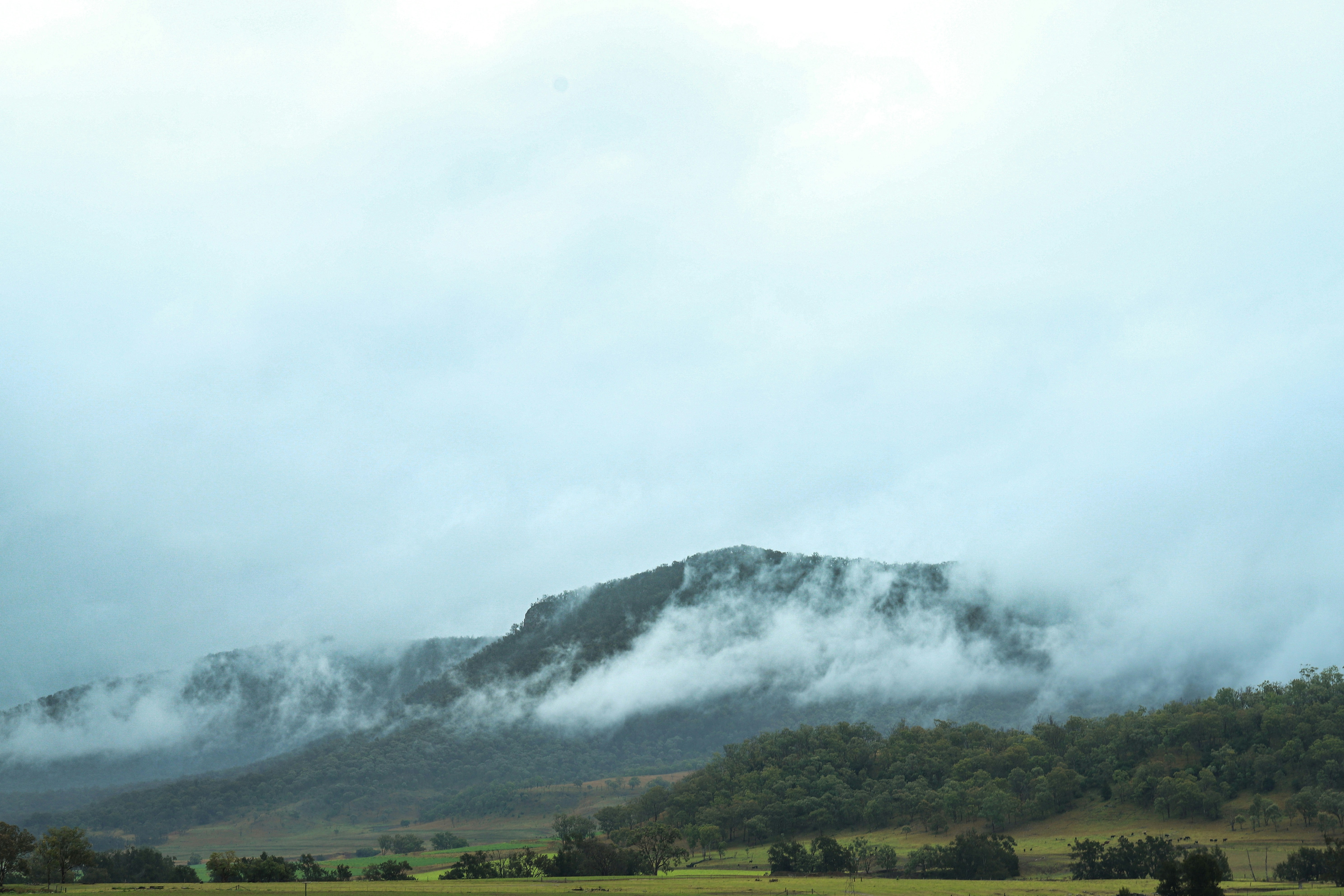 Clouds drape over a mountain range with a verdant grass field in the foreground.