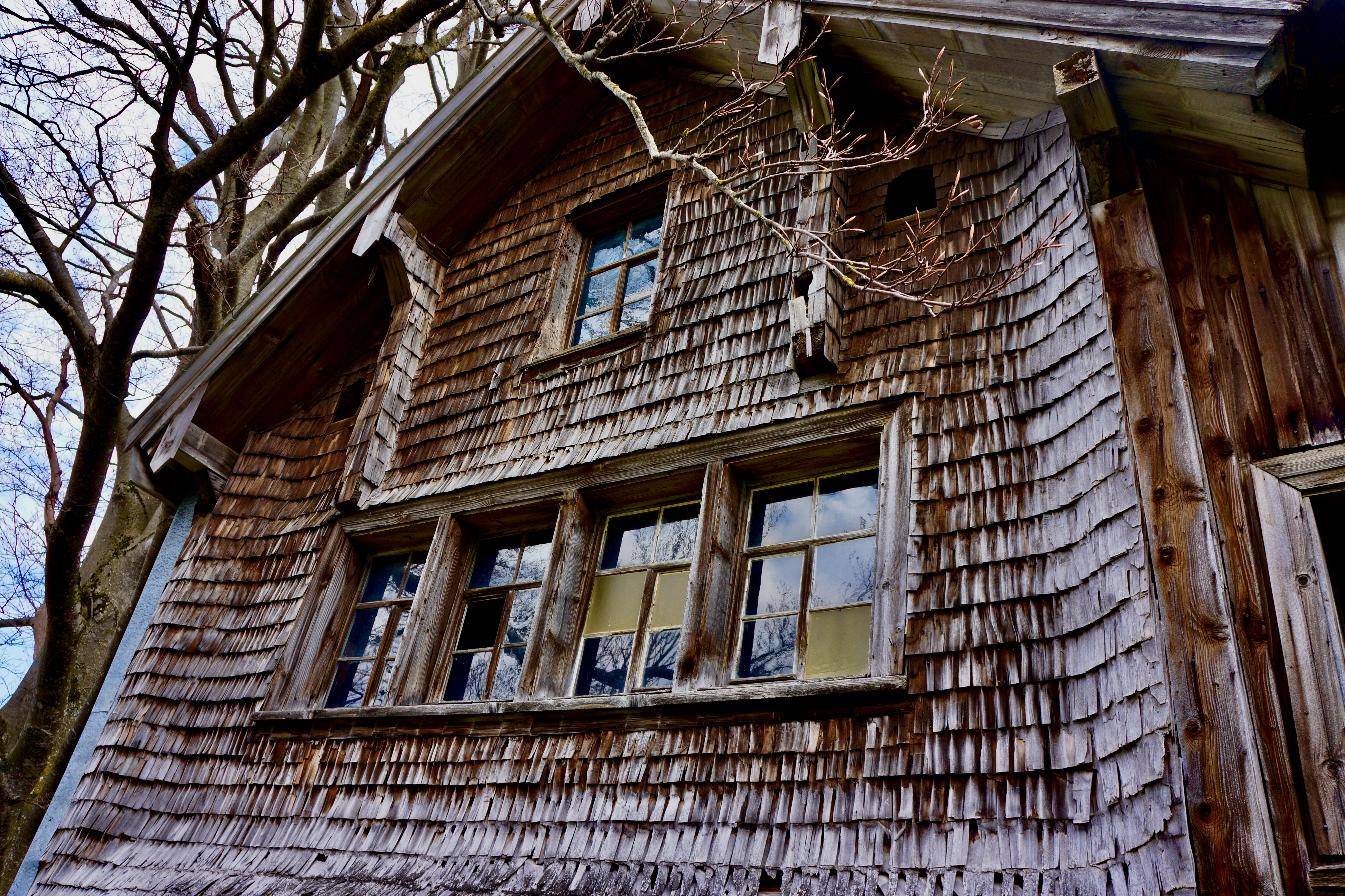 brown brick house with white wooden windows