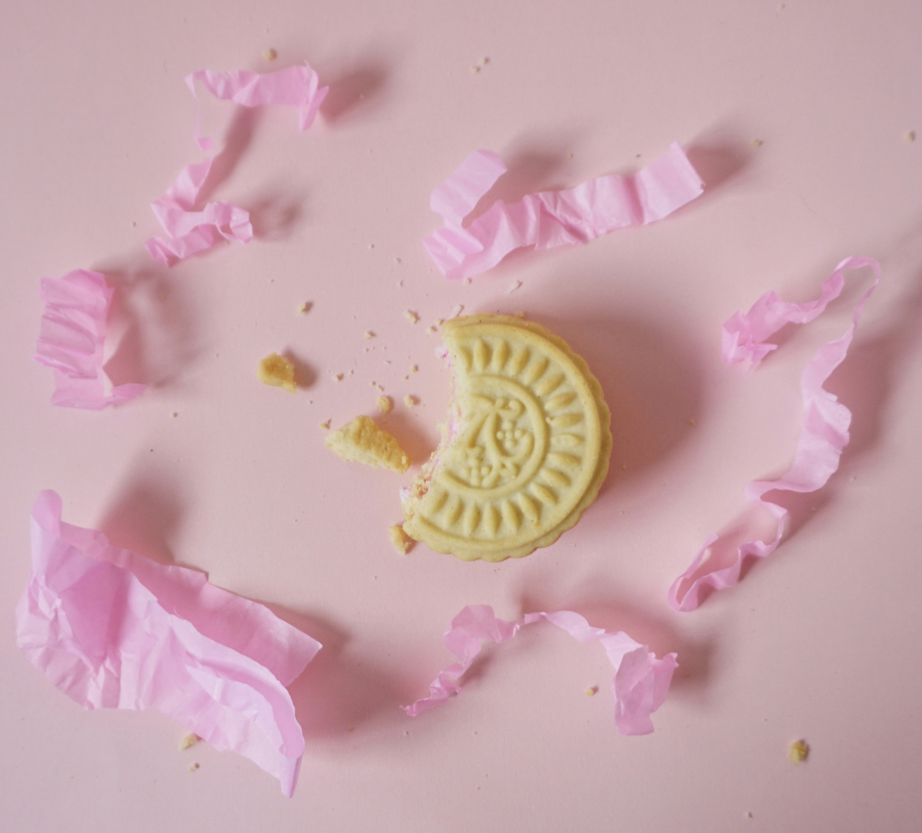 Rosy Quiet: A Vanilla Cookie Surrounded by Pink Paper Shreds