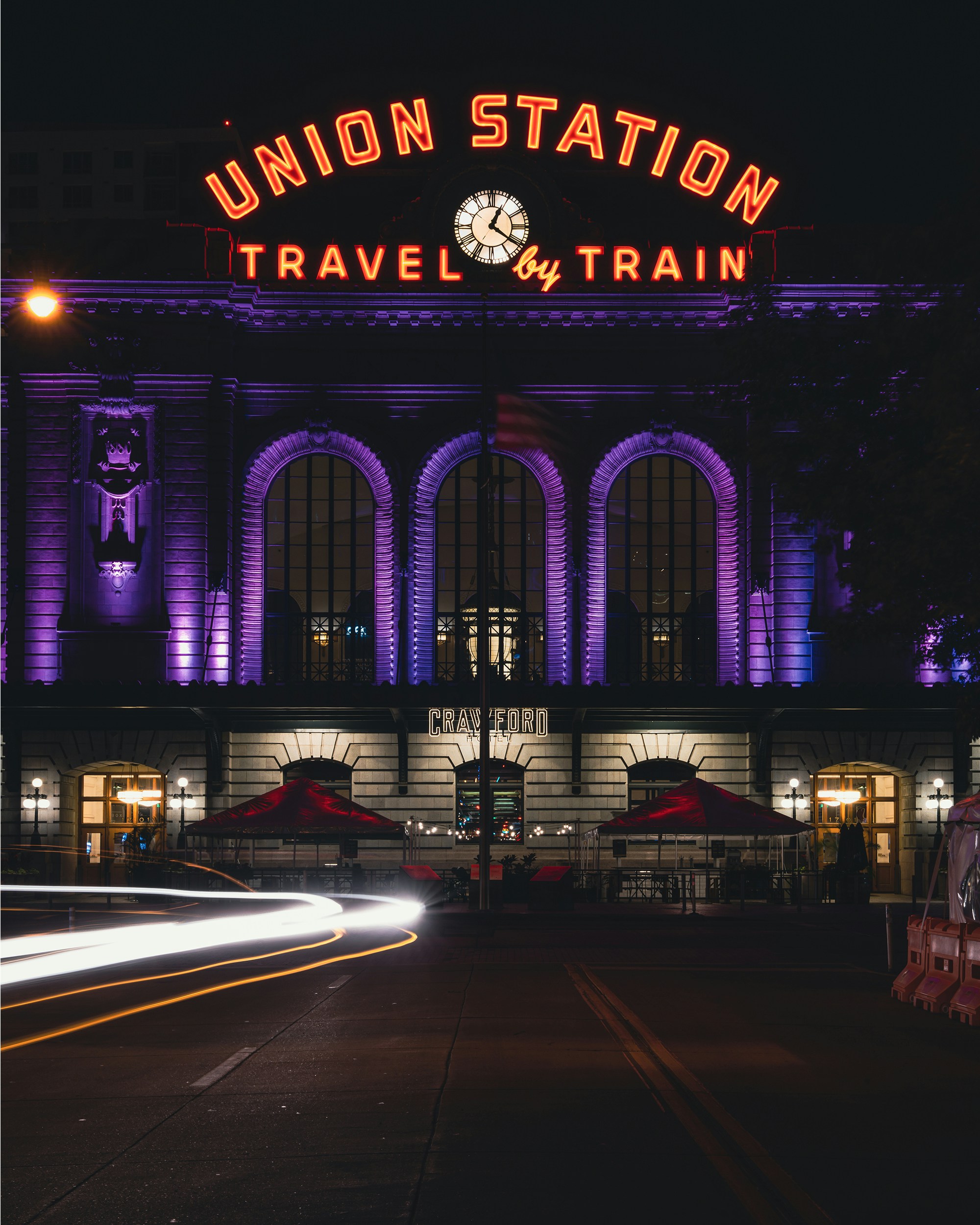 A train station lit up at night time photo – Free Union station denver ...
