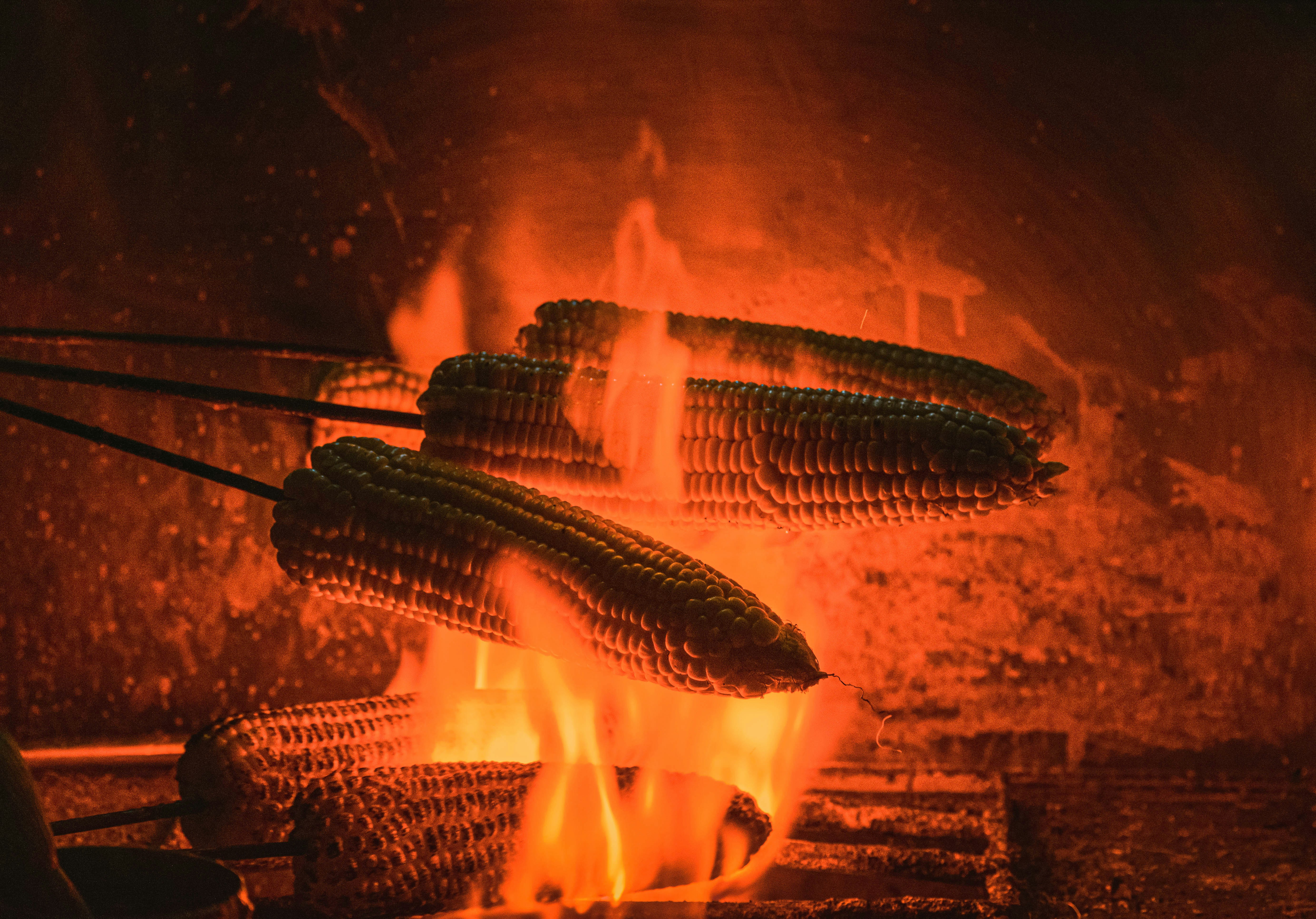 Grilled corn on skewers roasting over an open flame, with vibrant orange embers illuminating the scene.