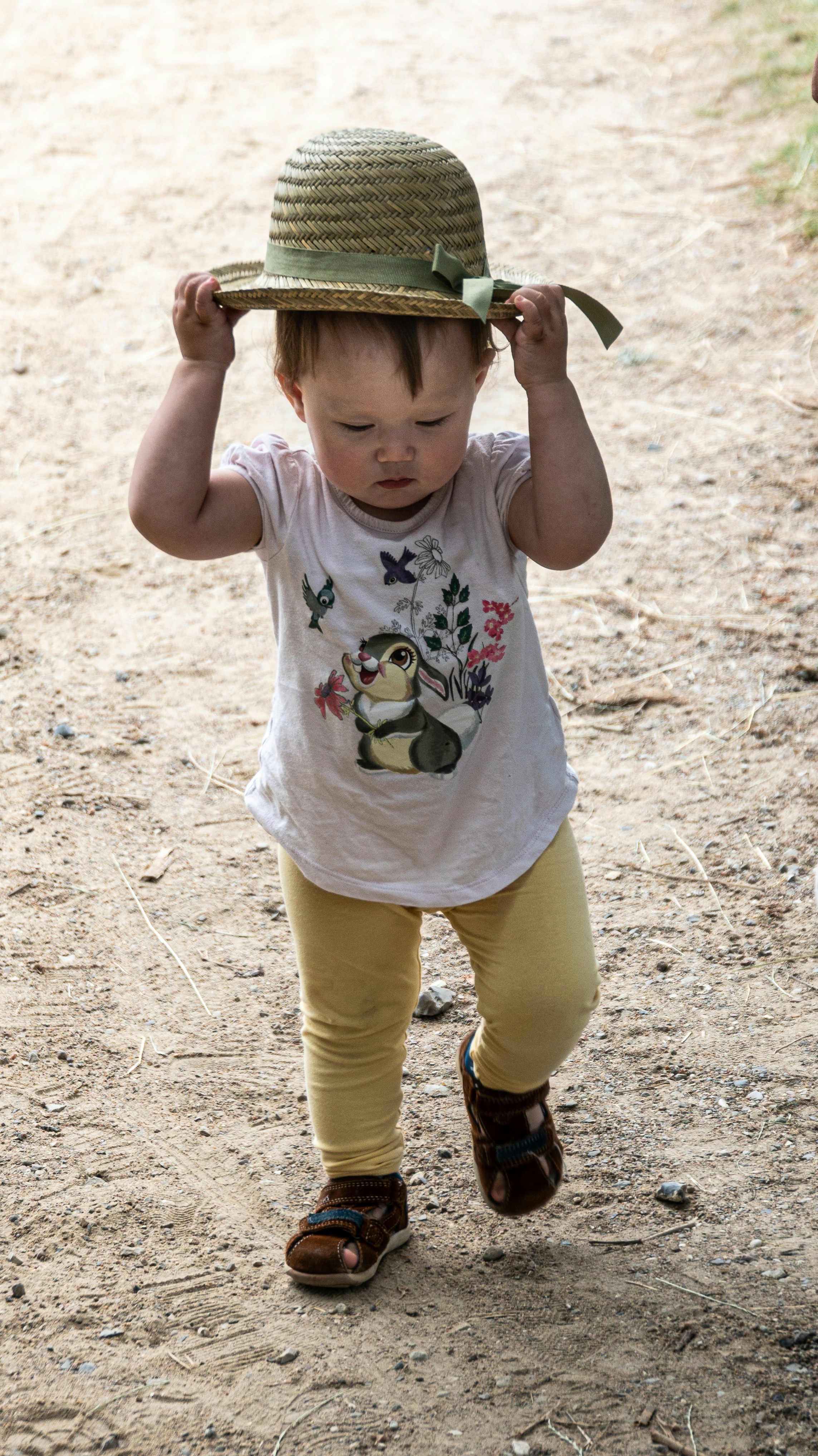 Tiny Explorer Lifts a Straw Hat on a Sunlit Dirt Path