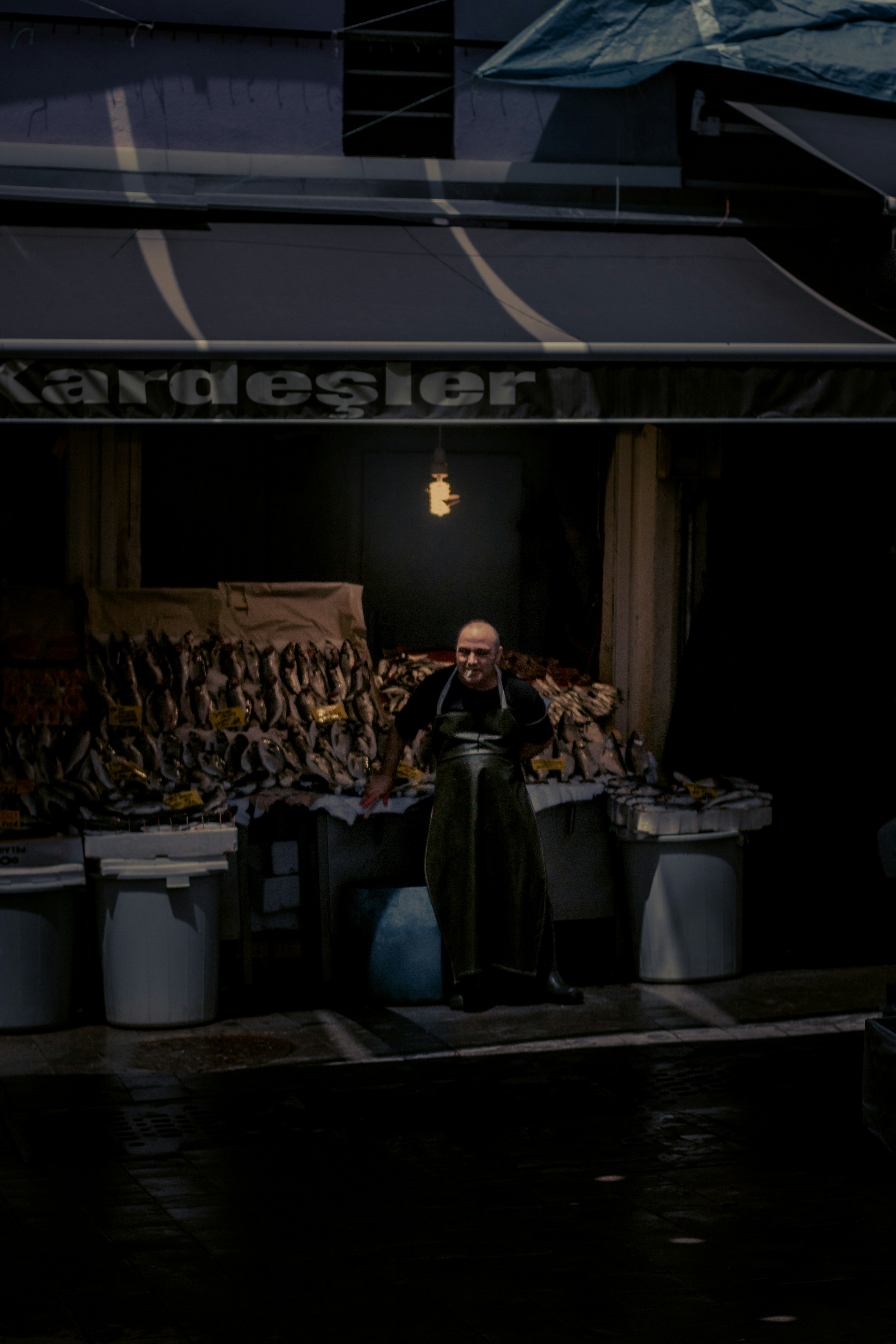 A fishmonger stands confidently in front of his stall, surrounded by an array of fresh seafood, as warm light illuminates the scene.