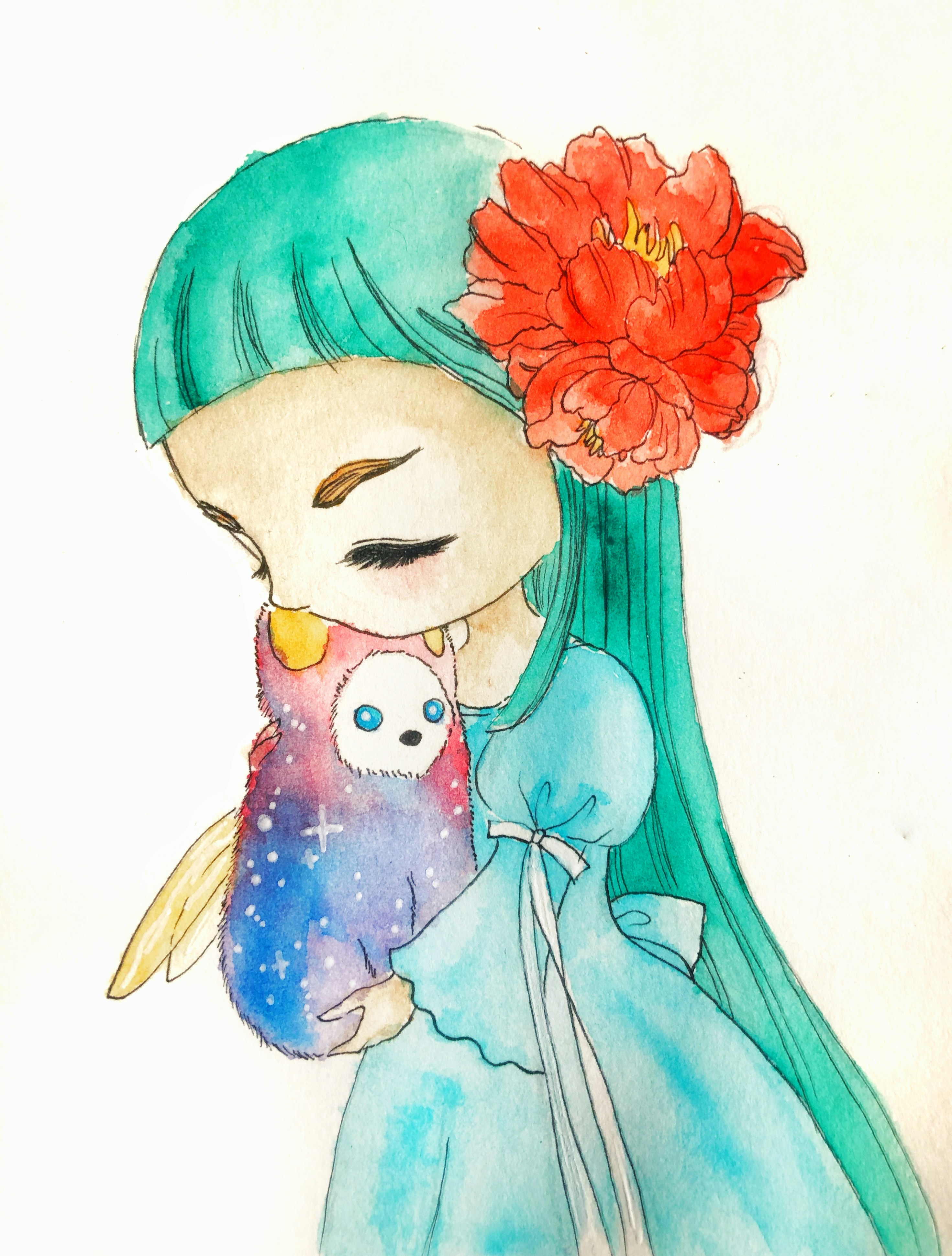 Anime Girl Holding A Rose Drawing