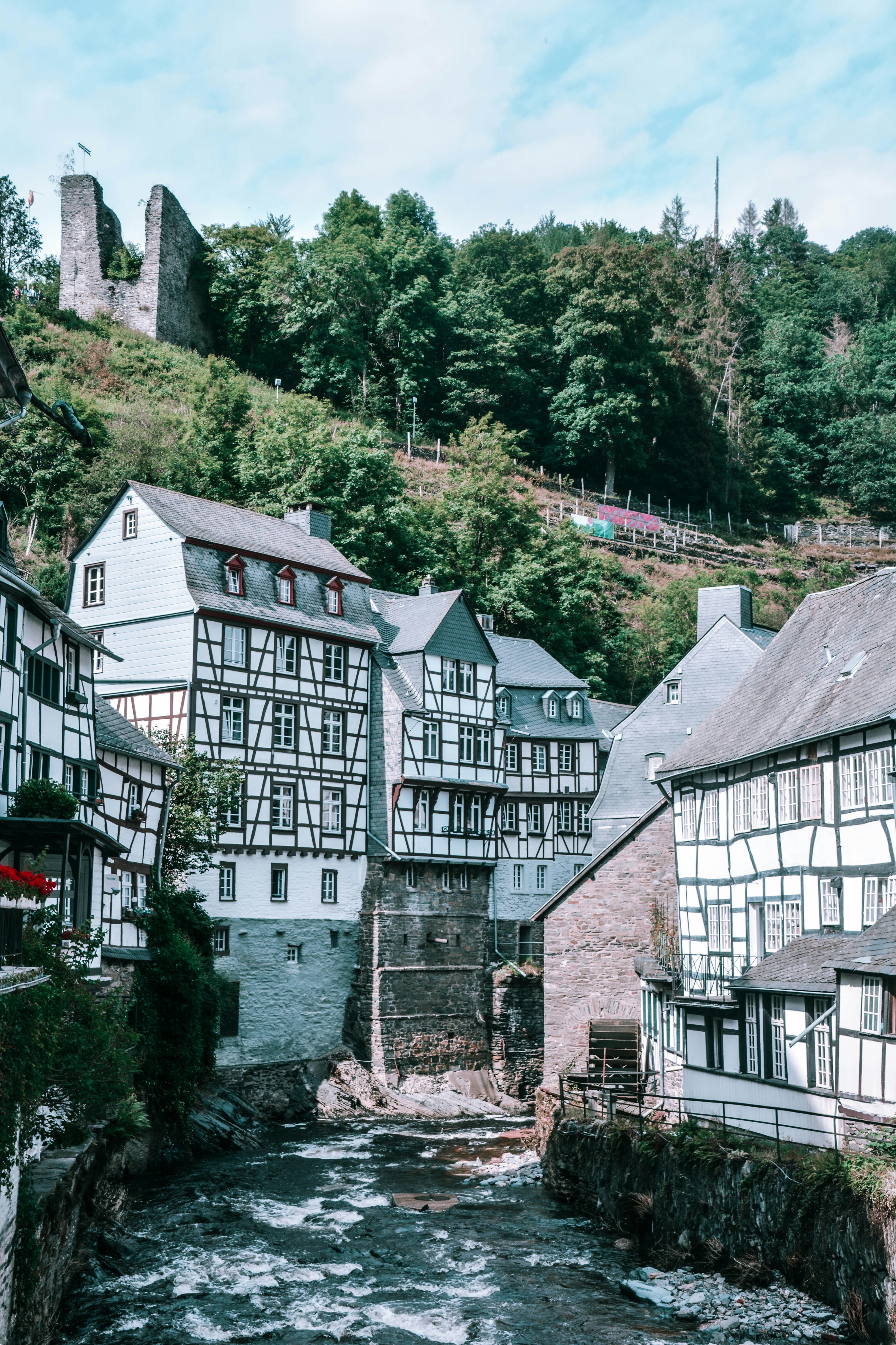 Historic half-timbered houses line a serene riverbank, with lush greenery and remnants of an ancient castle in the background.