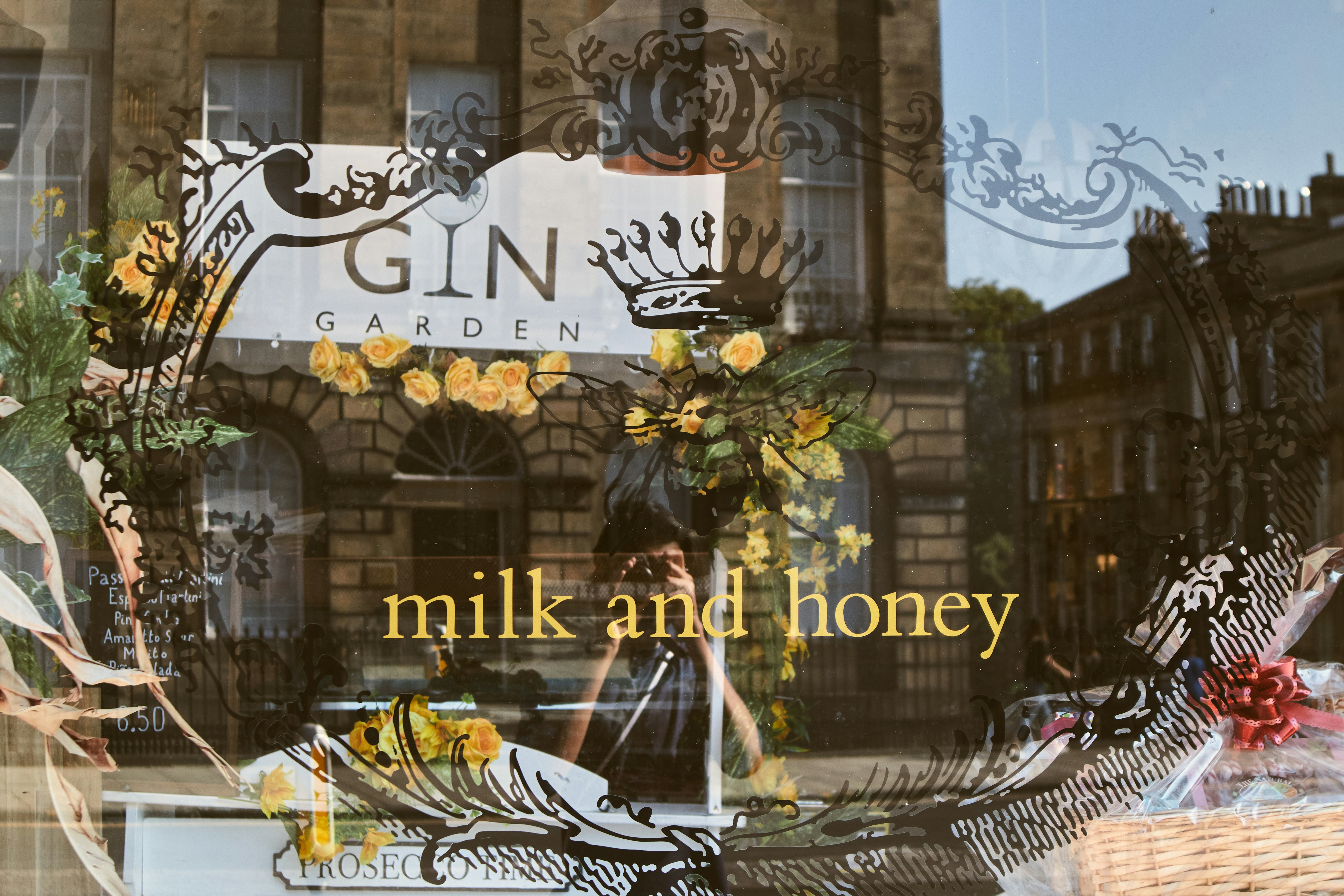 Milk and Honey Café Window with Floral Embellishments