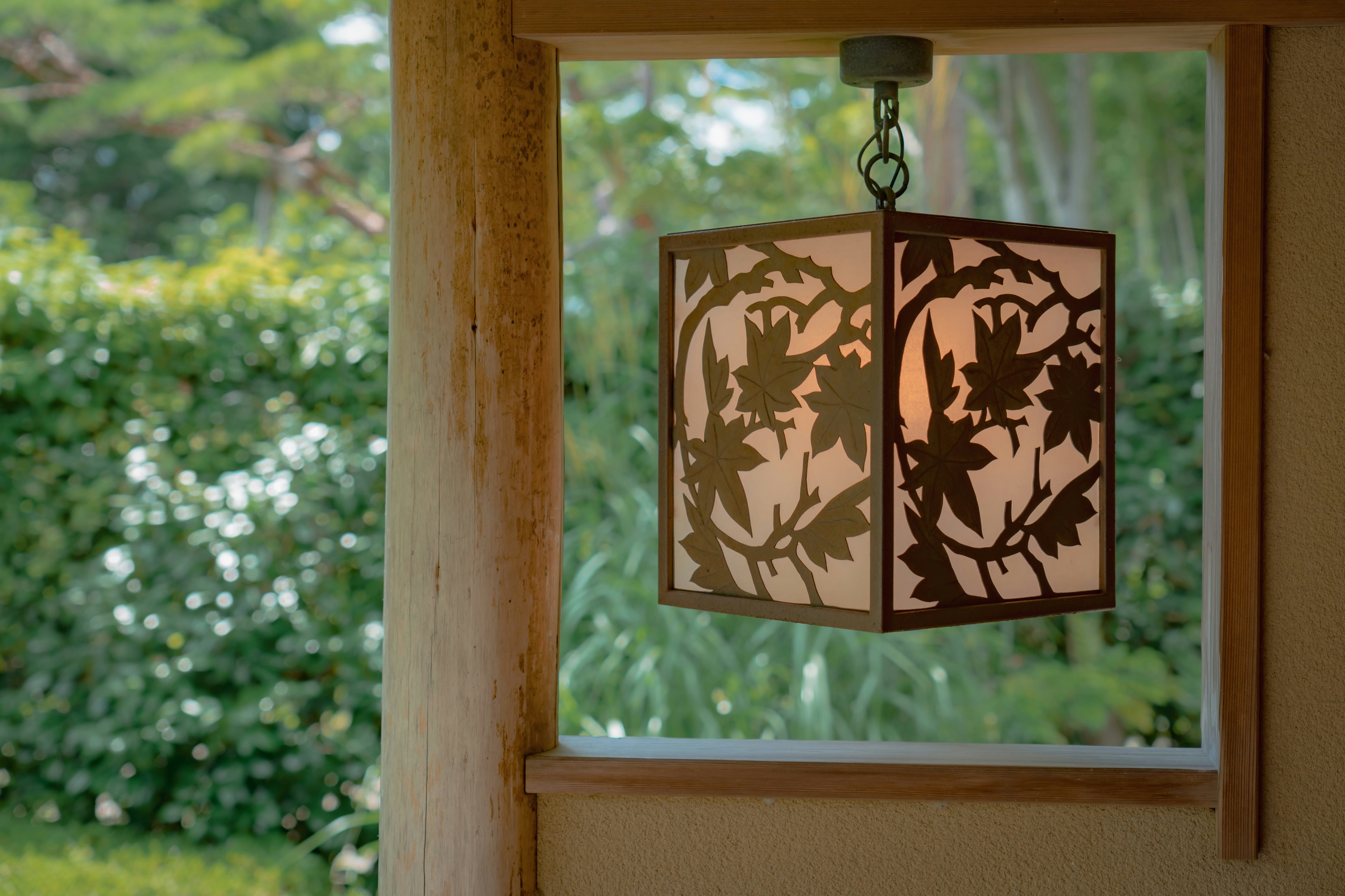 Lattice Lantern Framed by a Tranquil Garden