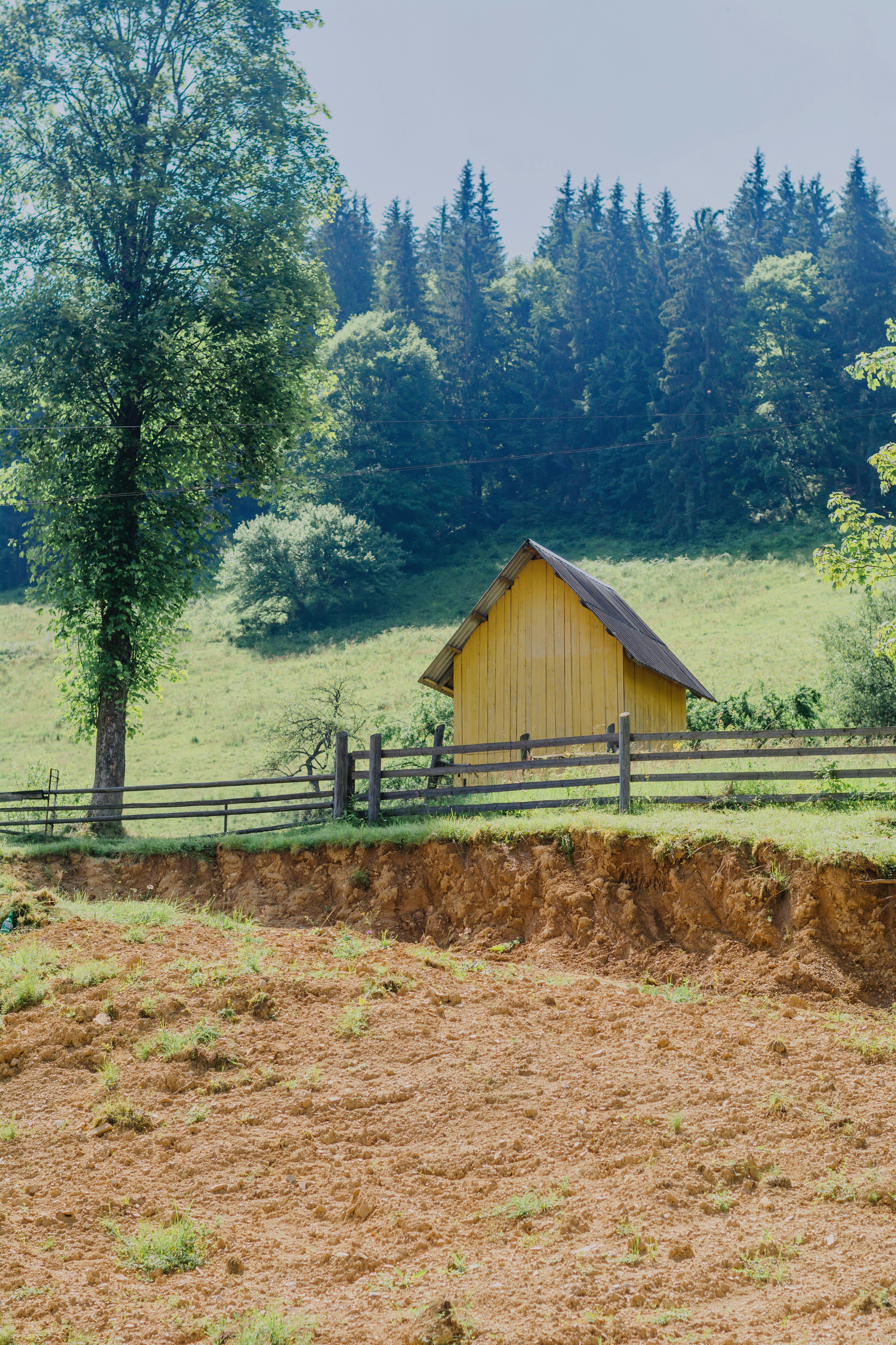Sunlit Yellow Cottage by the Fence: A Quiet Valley Portrait