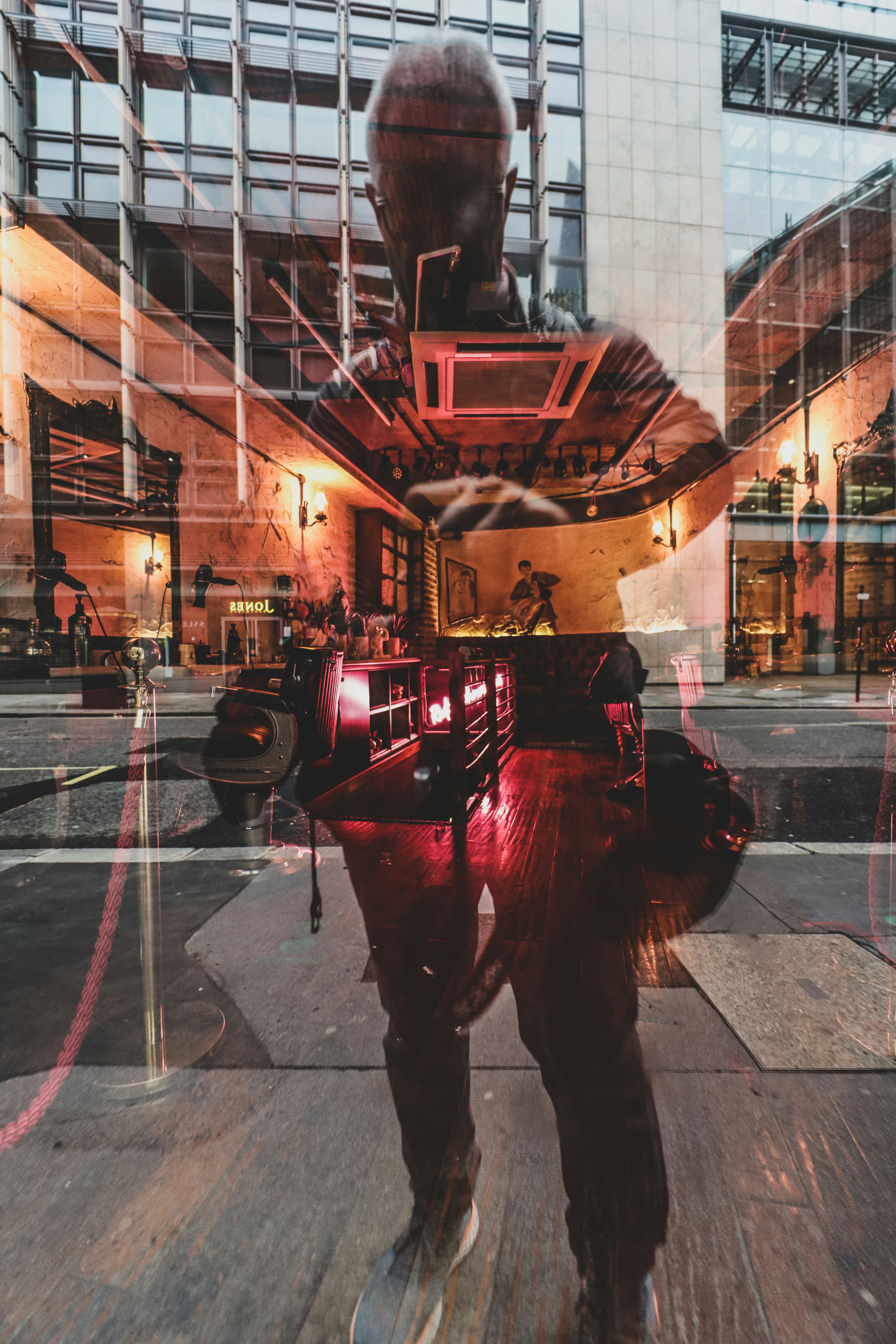 Neon Echoes: A Self-Portrait Reflected in City Glass