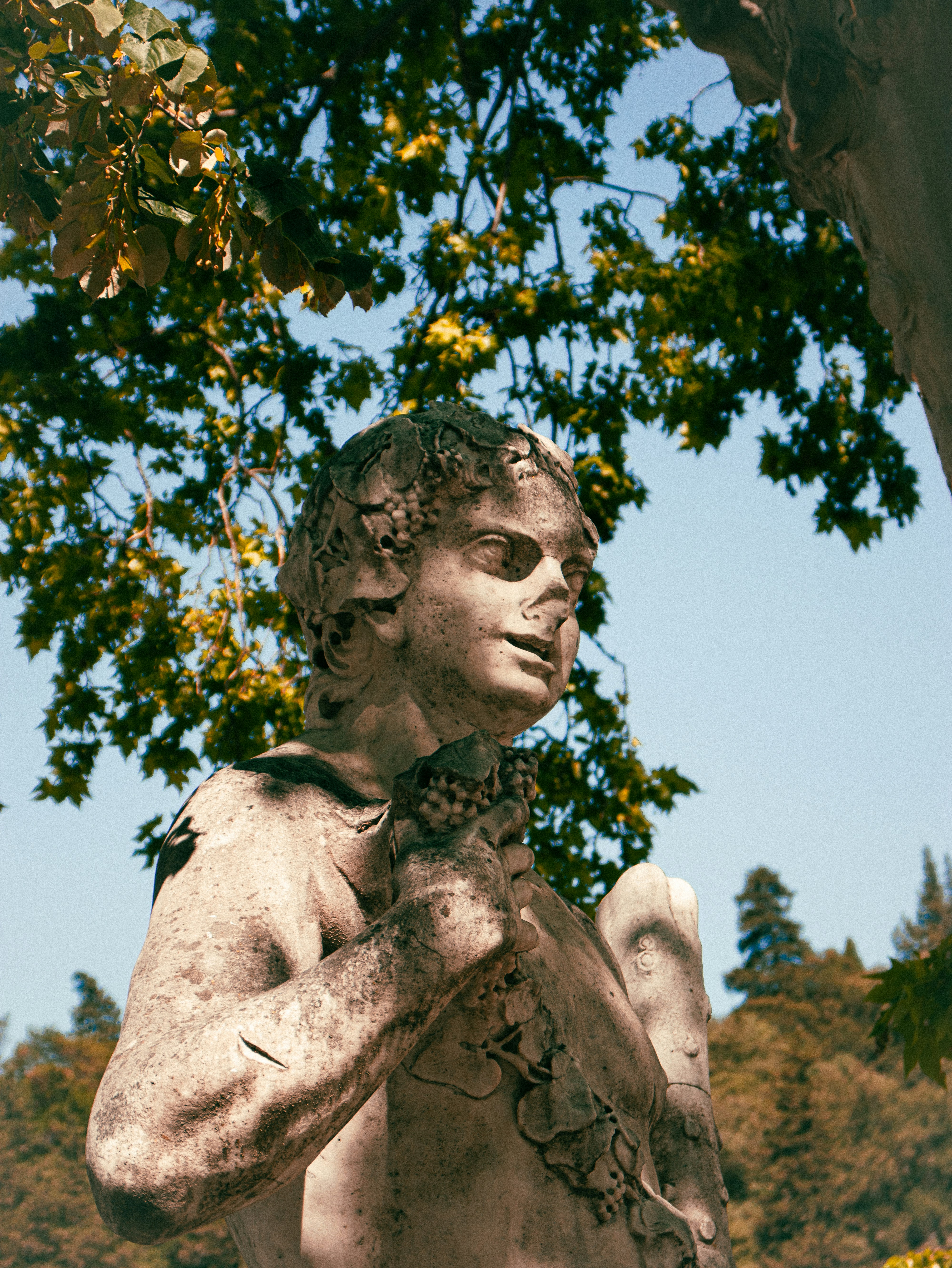 grey concrete statue near green tree during daytime