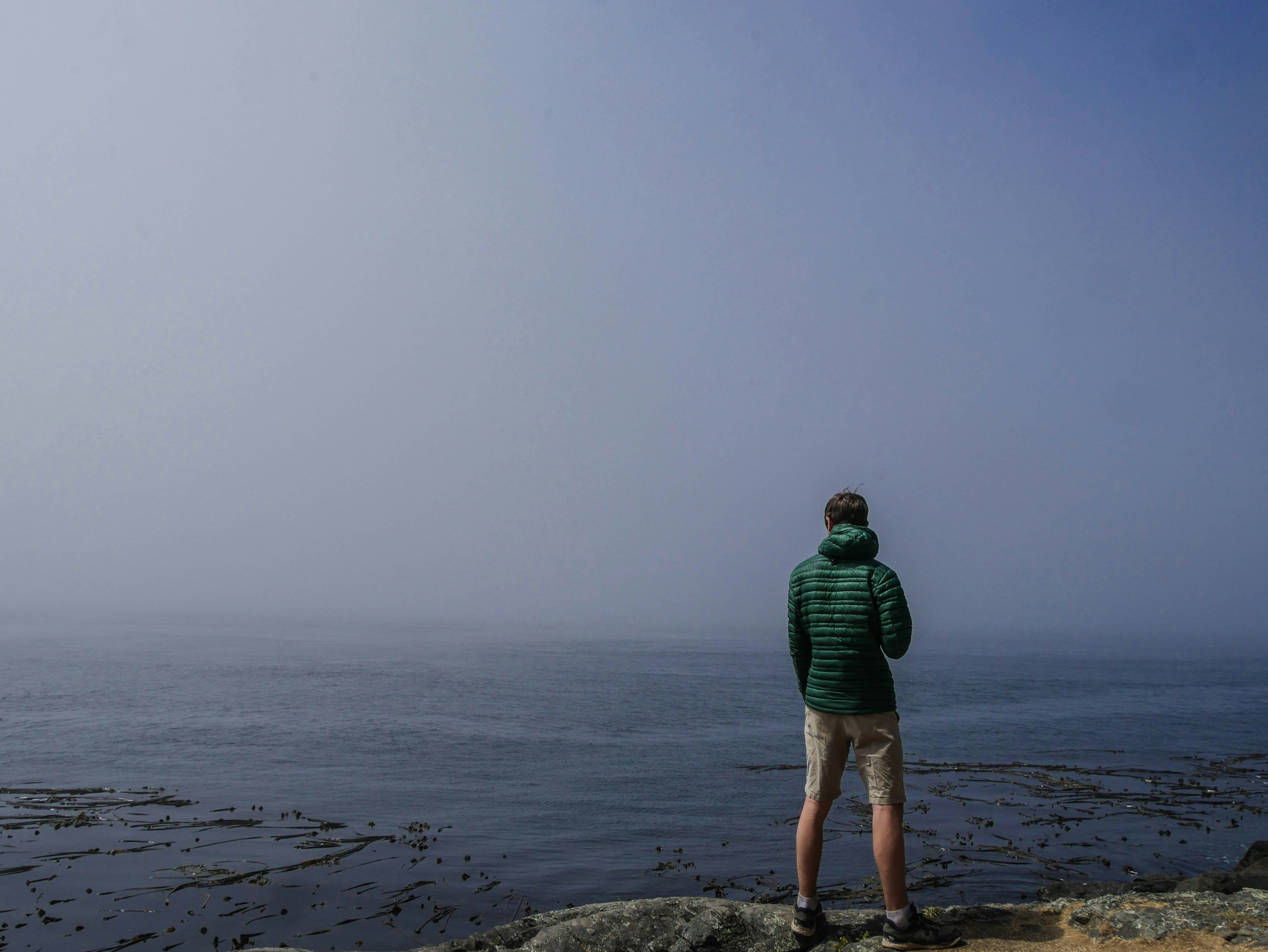 A solitary figure in a green jacket stands on rocky shore, gazing into the foggy sea. The scene evokes a sense of tranquility and introspection.