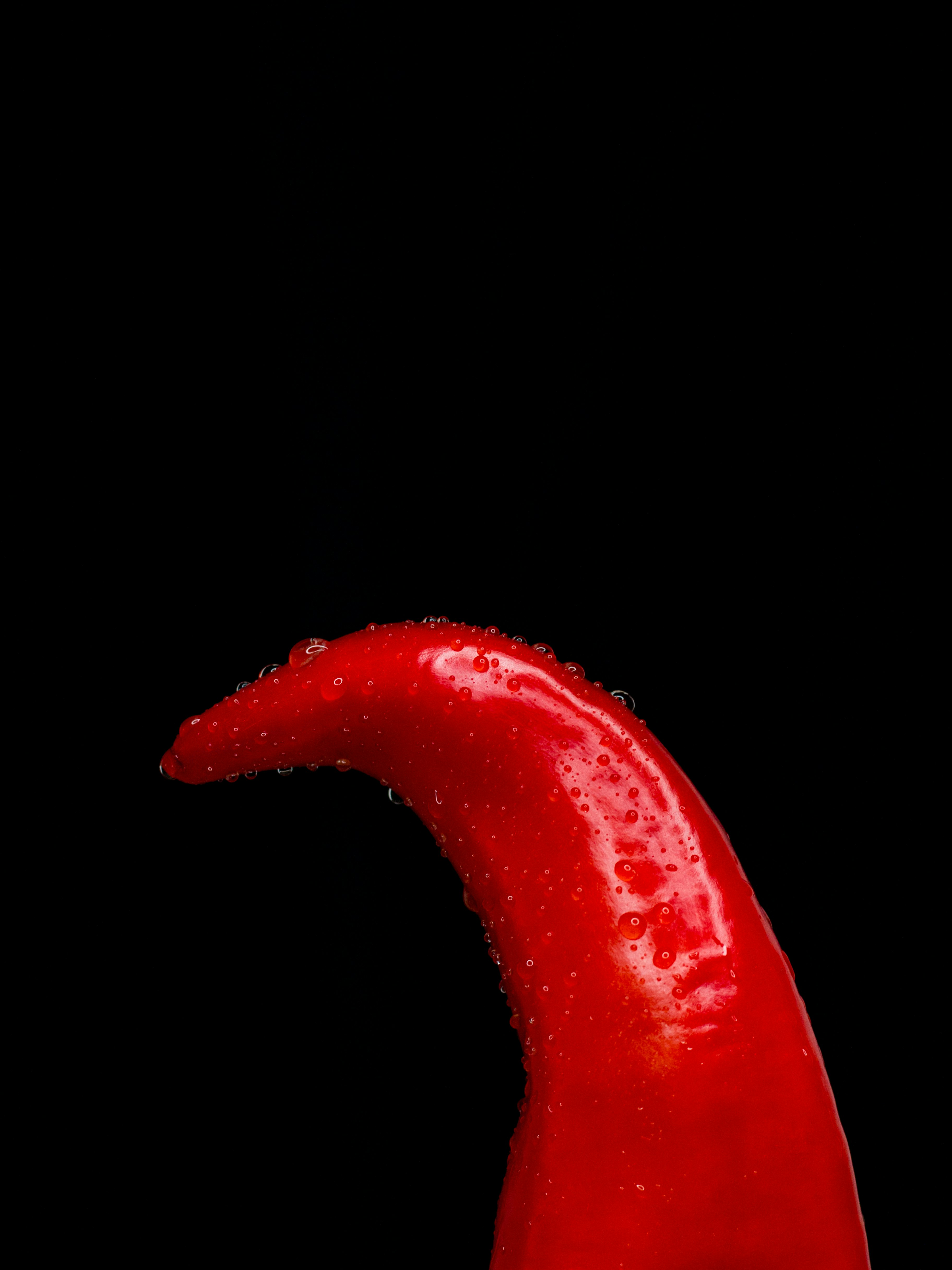 Vibrant red chili pepper glistening with droplets against a stark black background, highlighting its smooth texture and shape.