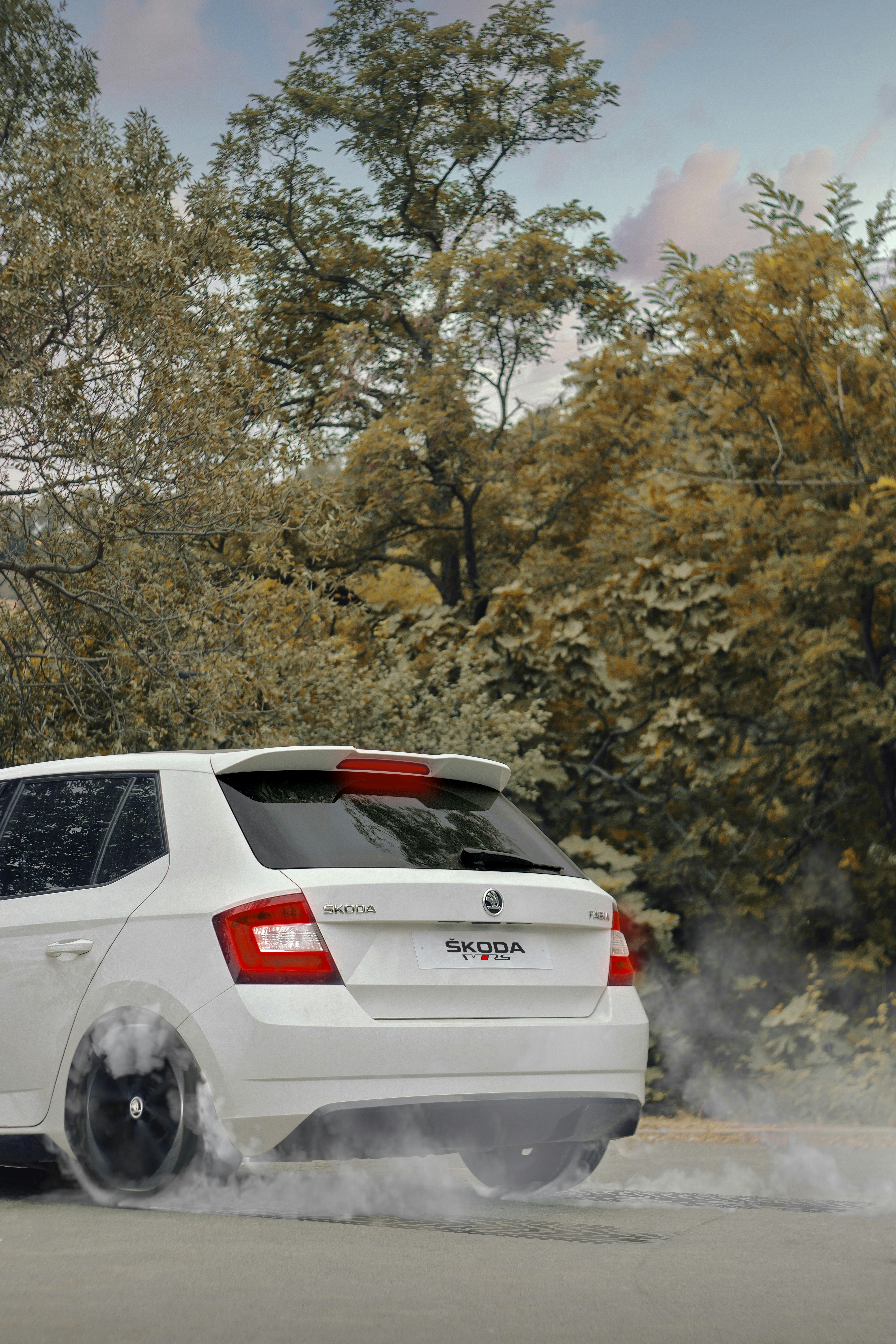 Smoke Curtain Behind a White Skoda: Burnout on a Tree-Lined Road