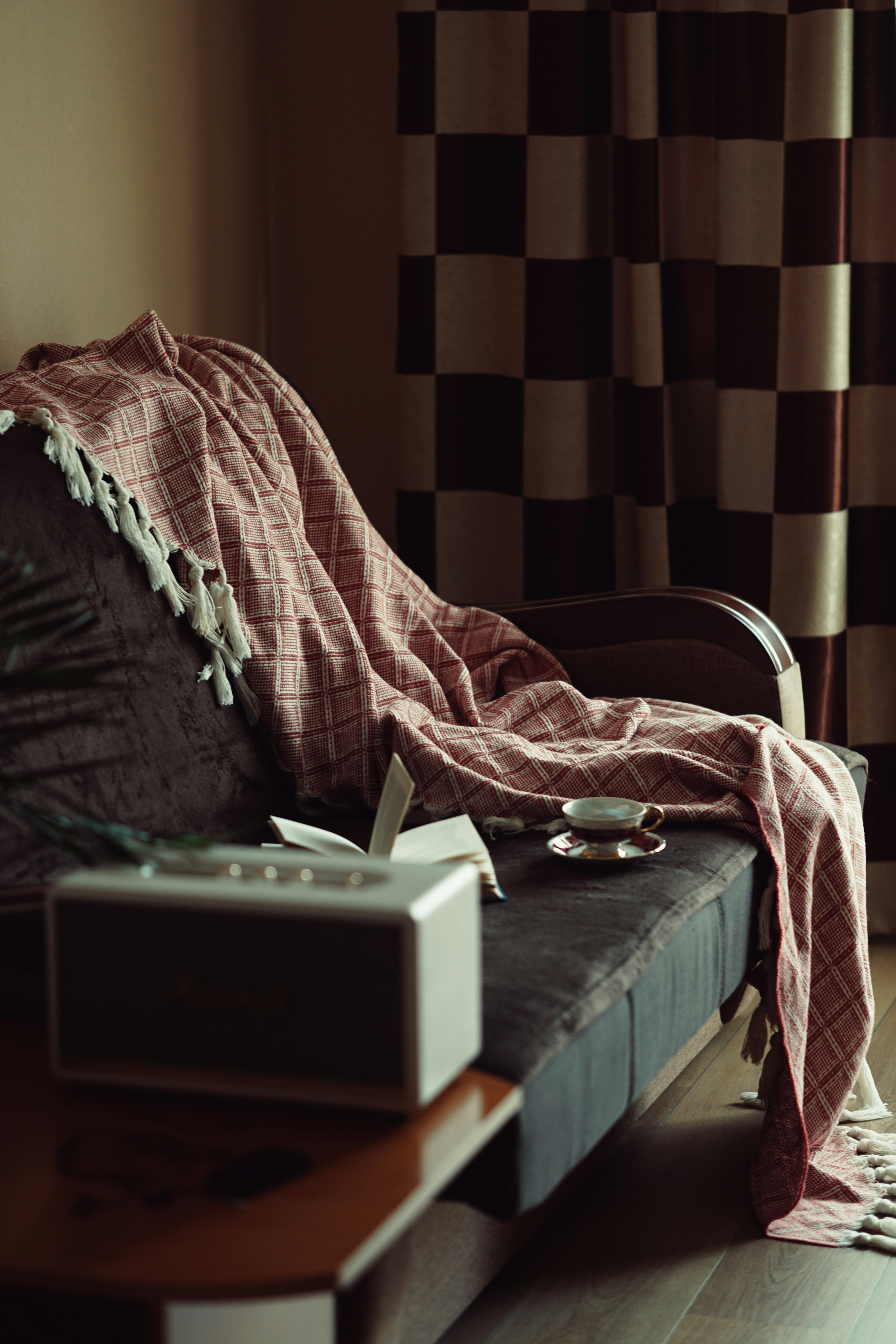 Teacup and Plaid Throw: Quiet Comfort on a Dimly Lit Sofa