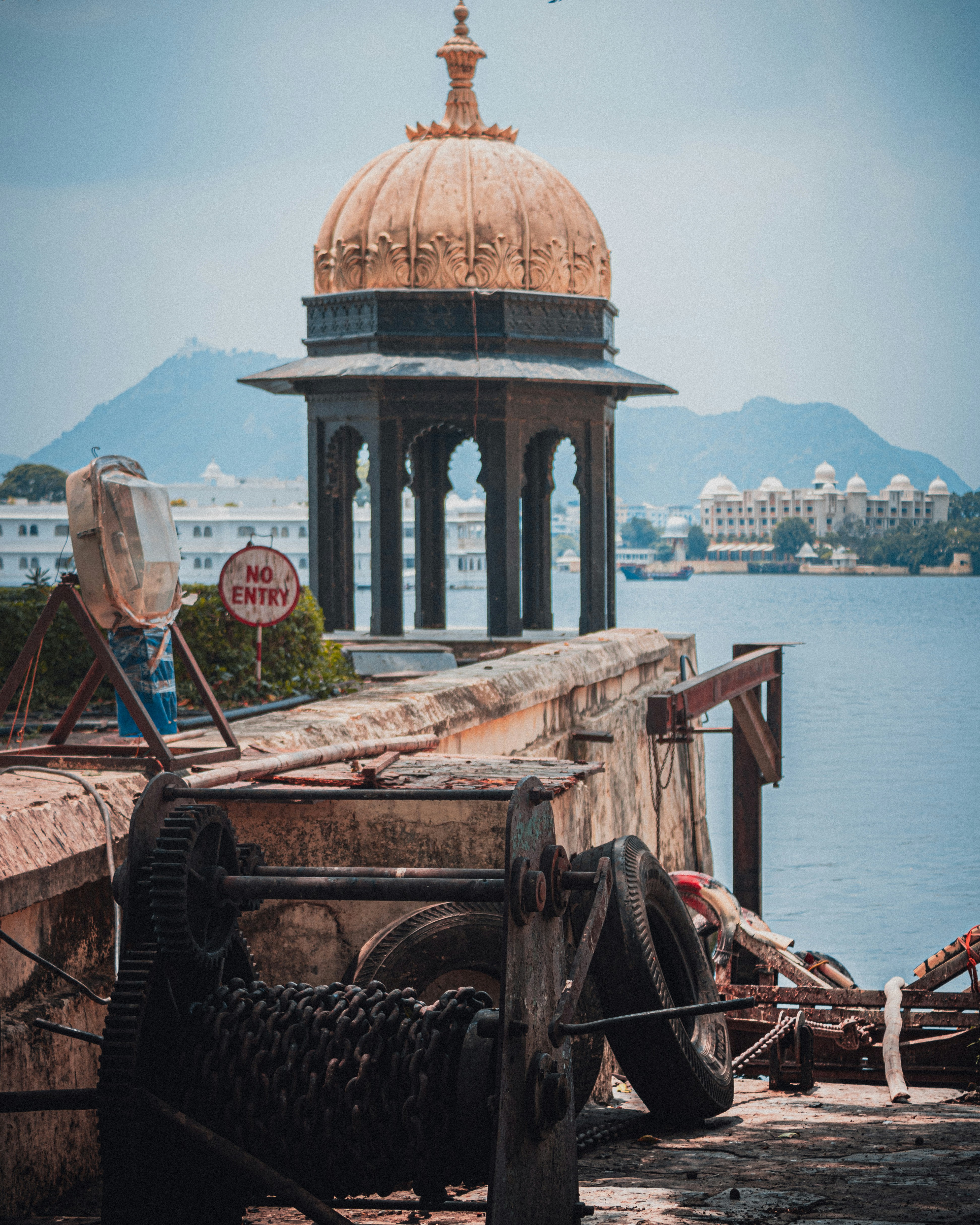 Dome by the Docks: Gears, Water, and a Distant Ridge