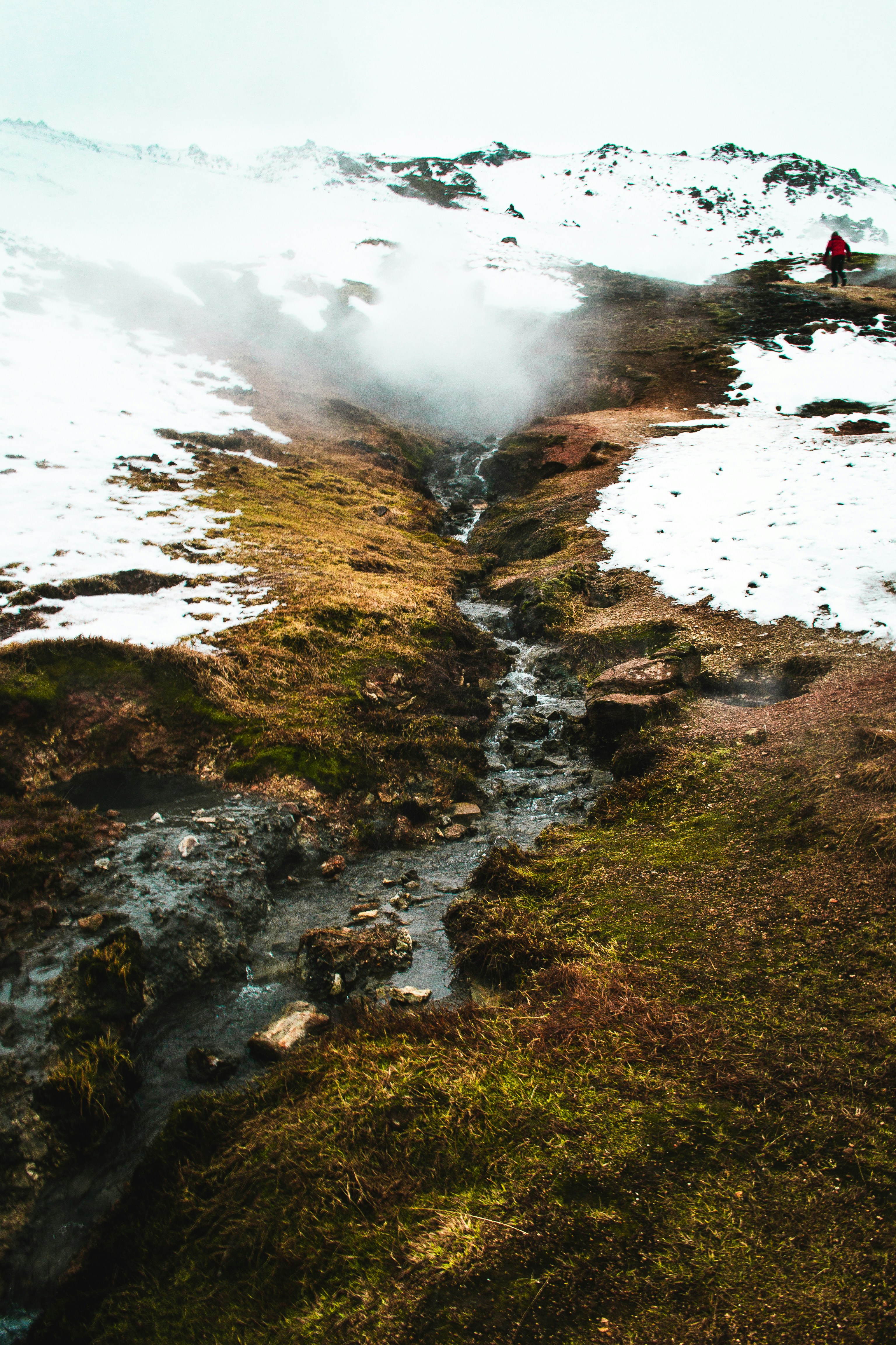 Snowy mountain landscape with a steaming stream running through rocky terrain, and a solitary figure in the distance.