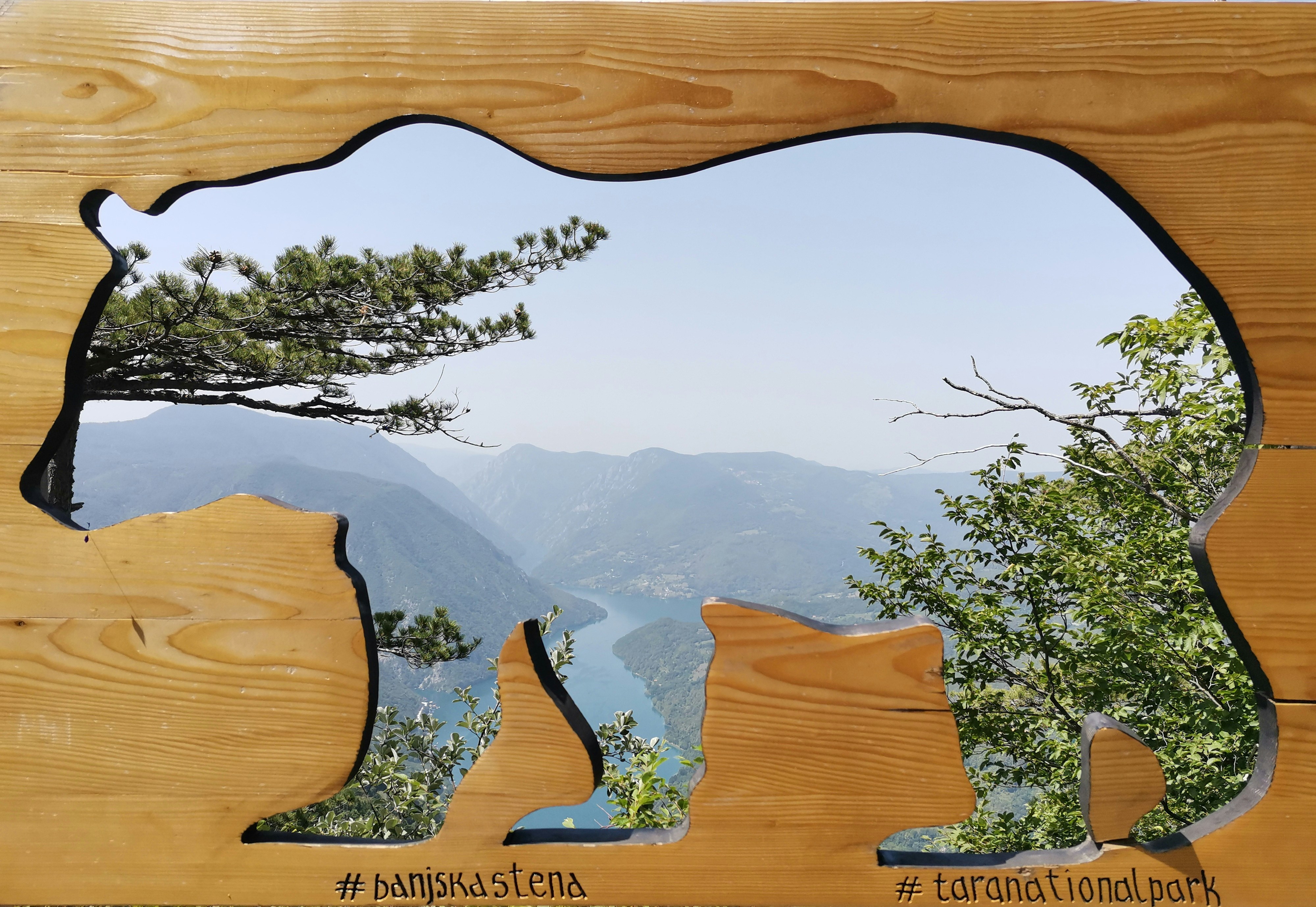 Wooden cutout of a bear framing a scenic view of a lake and mountains in the background. The scene captures the essence of nature and wildlife.