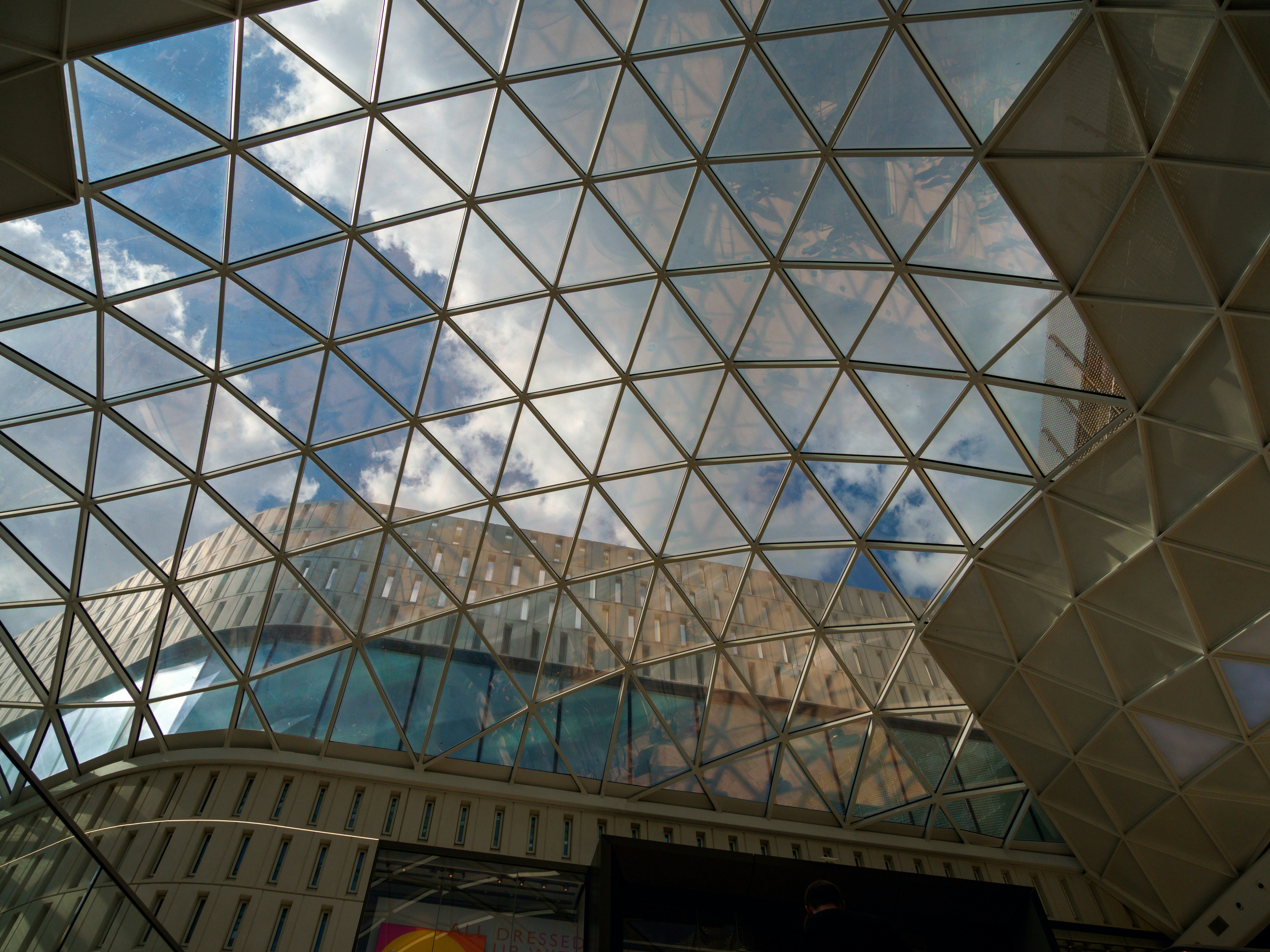 Intricate glass ceiling reflecting clouds and urban architecture below. The geometric patterns create a harmonious blend of nature and modern design.