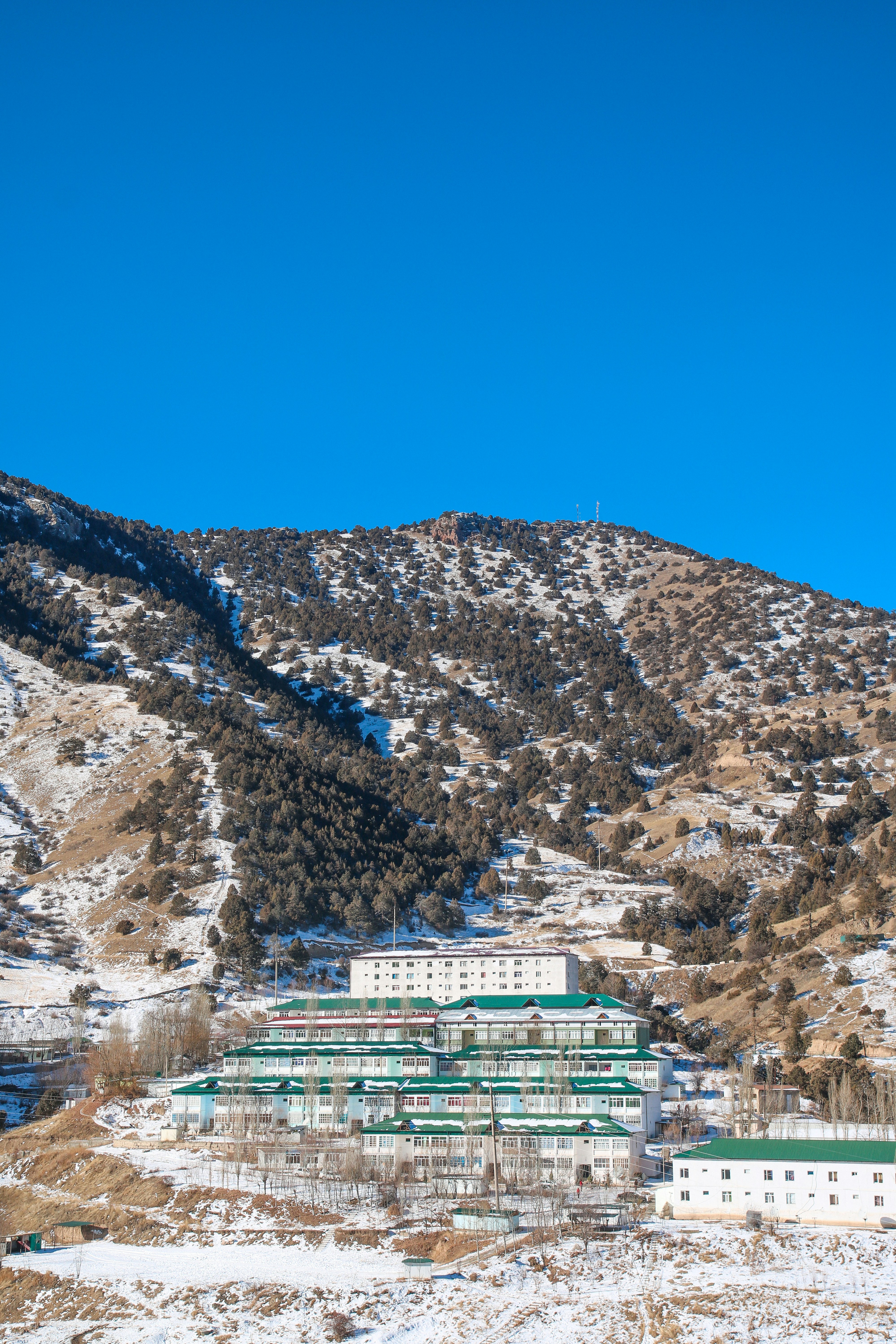 A sprawling hotel nestled in a snowy landscape, surrounded by rugged mountains under a clear blue sky.