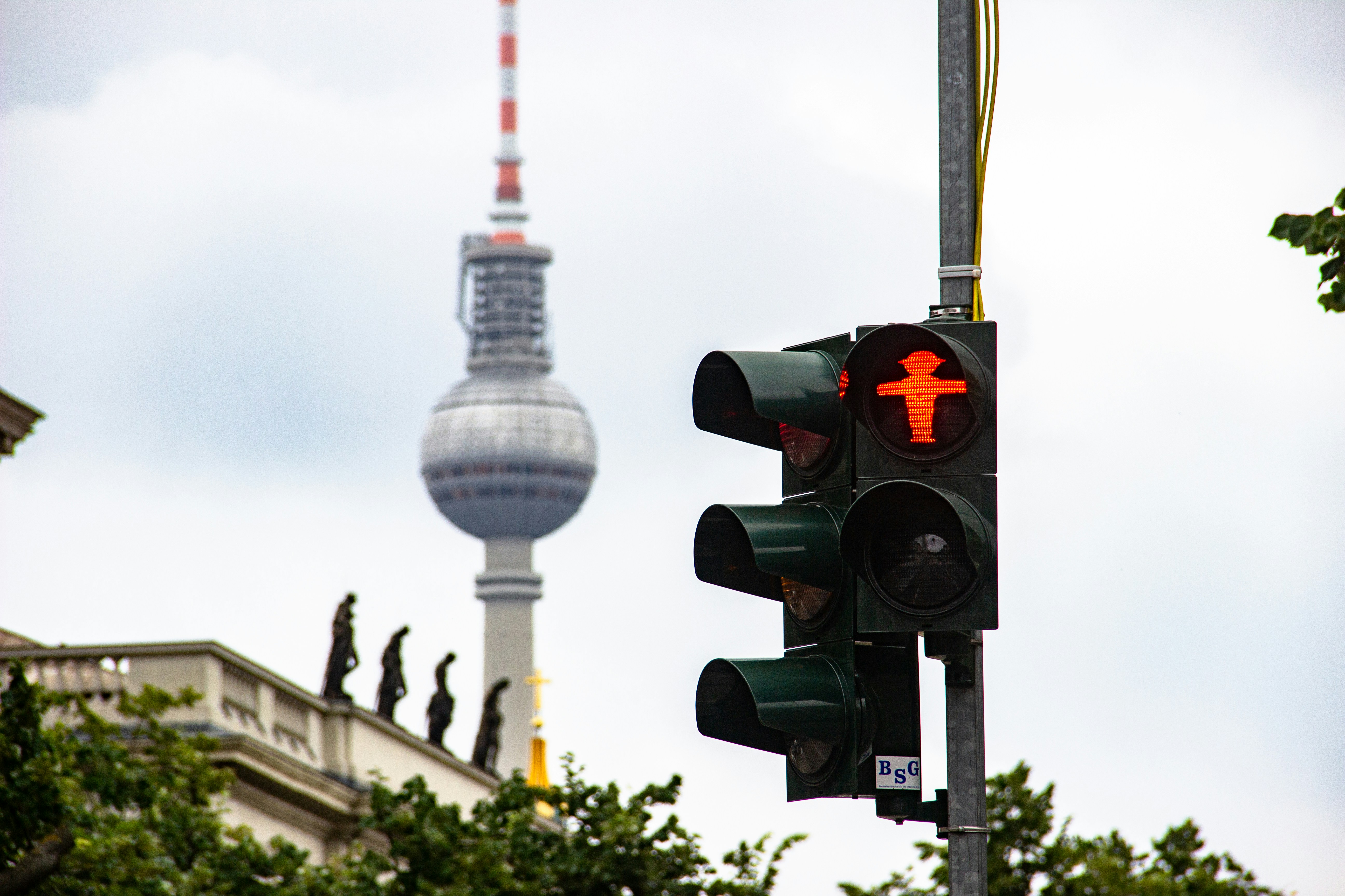 Signal of Direction: A Red Pedestrian Icon Amid Urban Greens