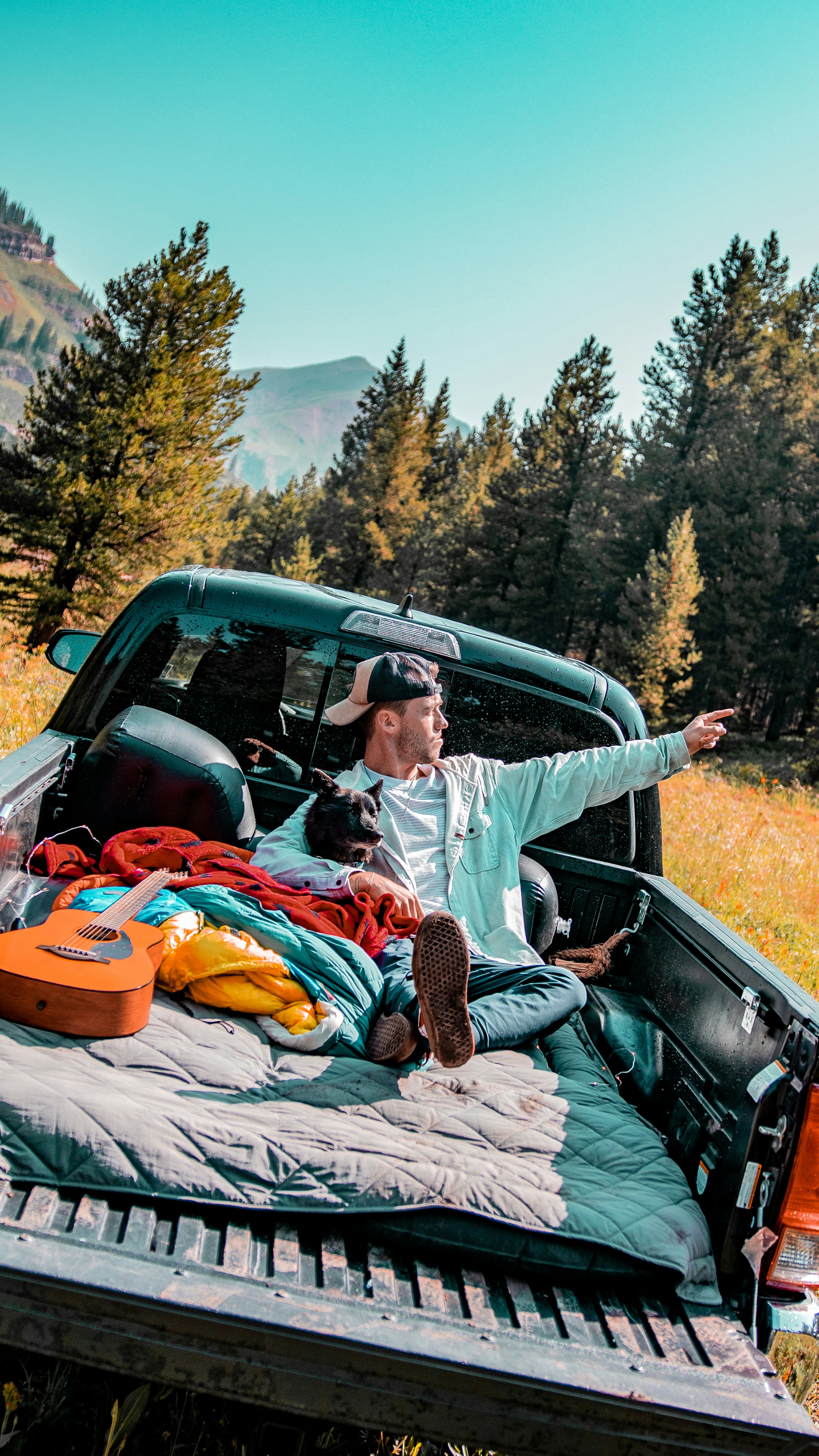 A man seated in the back of a pickup truck, surrounded by blankets and a guitar, points towards the horizon with his dog beside him. The vibrant landscape features tall trees and a clear blue sky.