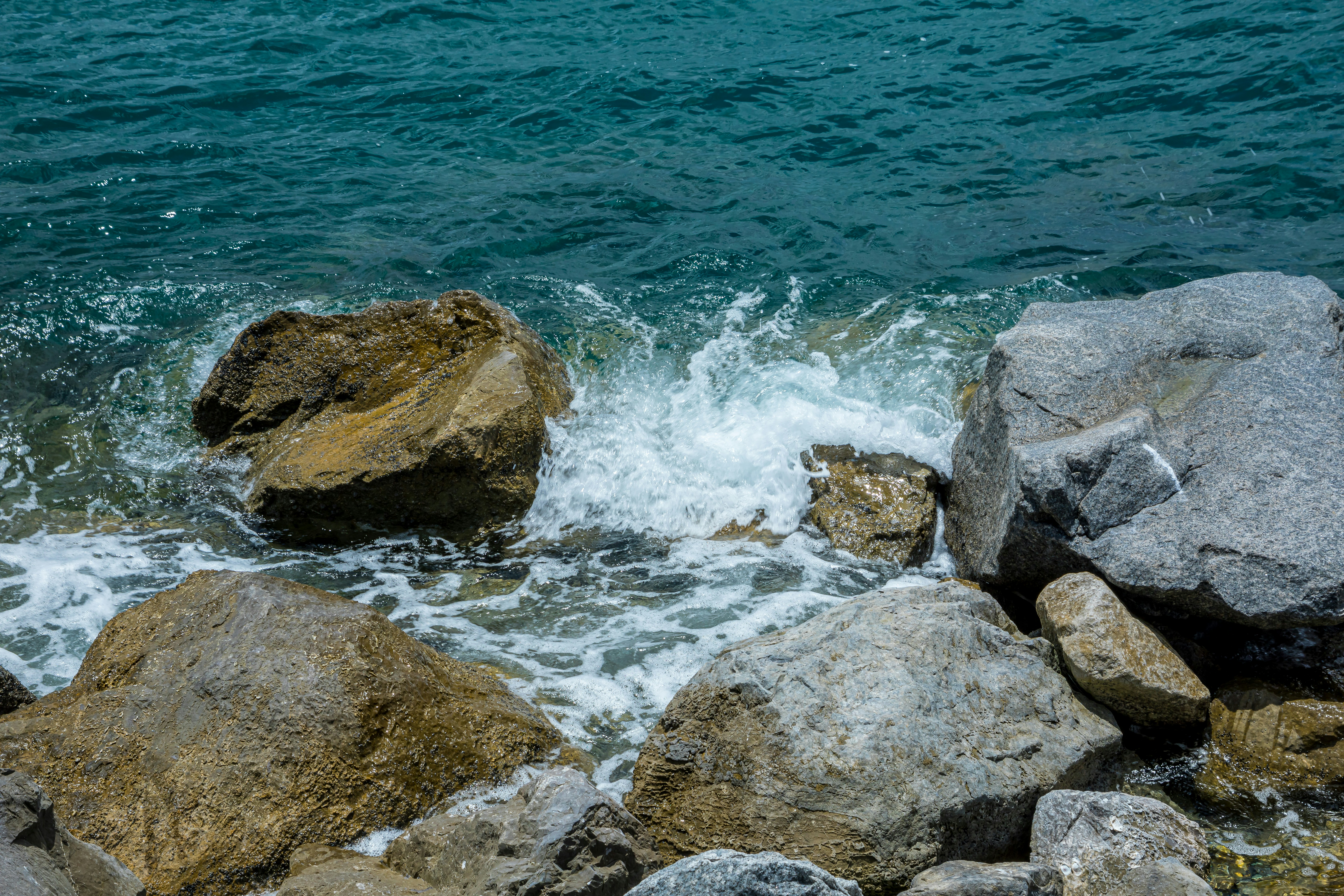 Brown rocky shore with ocean waves crashing on rocks during daytime ...