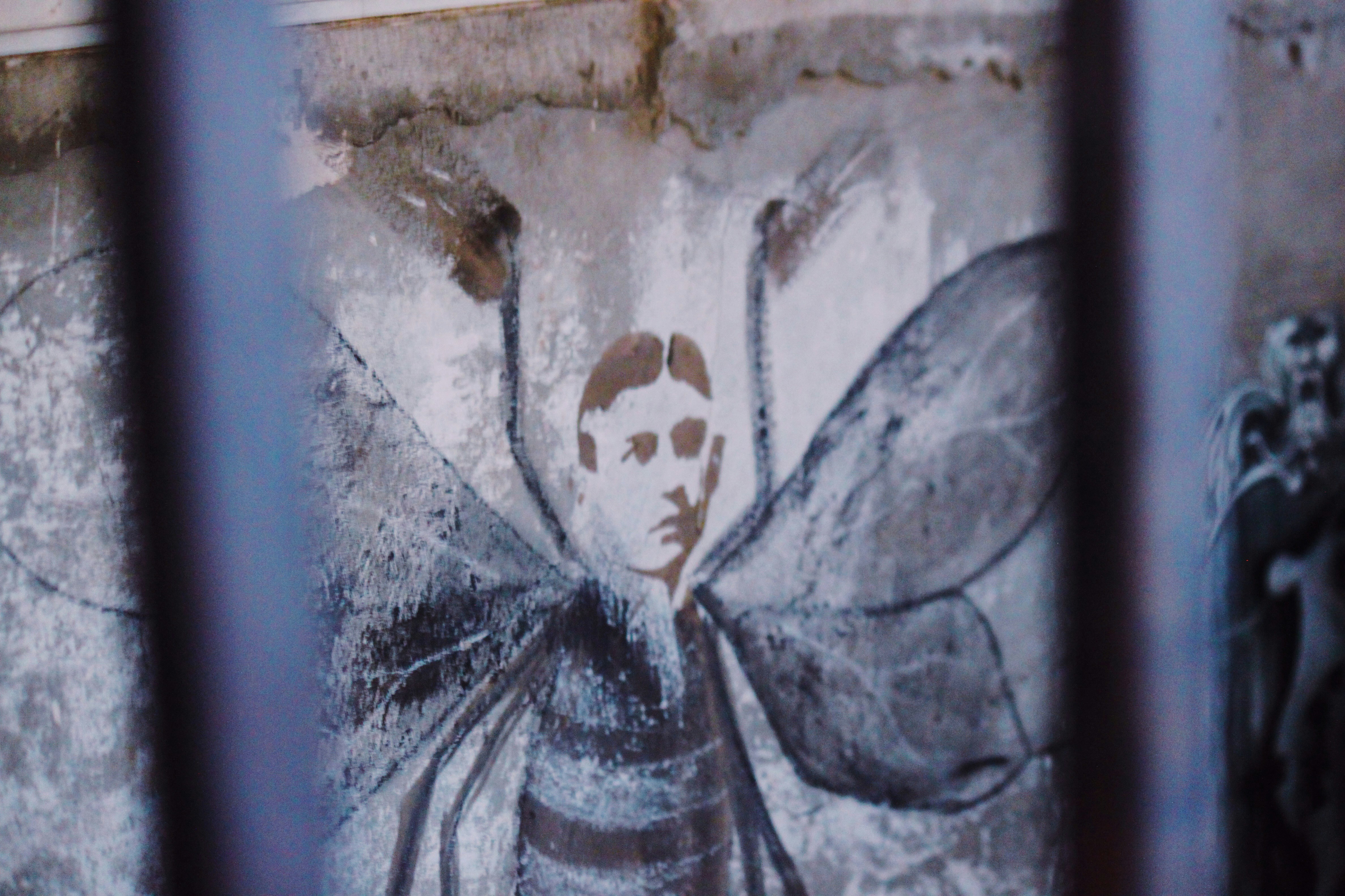 Midnight Wings Behind Bars: Graffiti Angel on Weathered Concrete