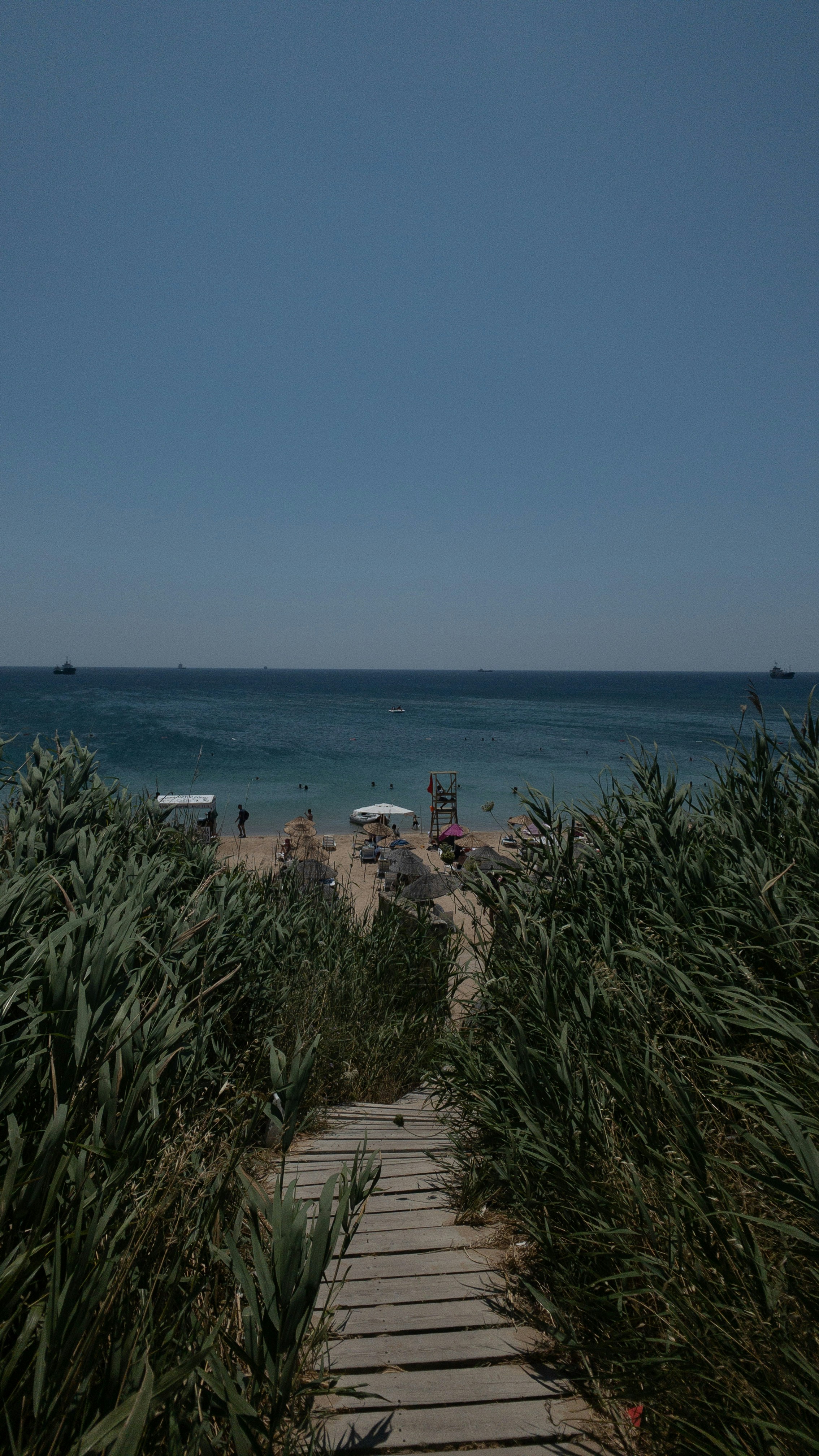 Wooden pathway leading through lush greenery to a tranquil beach scene with sunbathers and boats in the distance.
