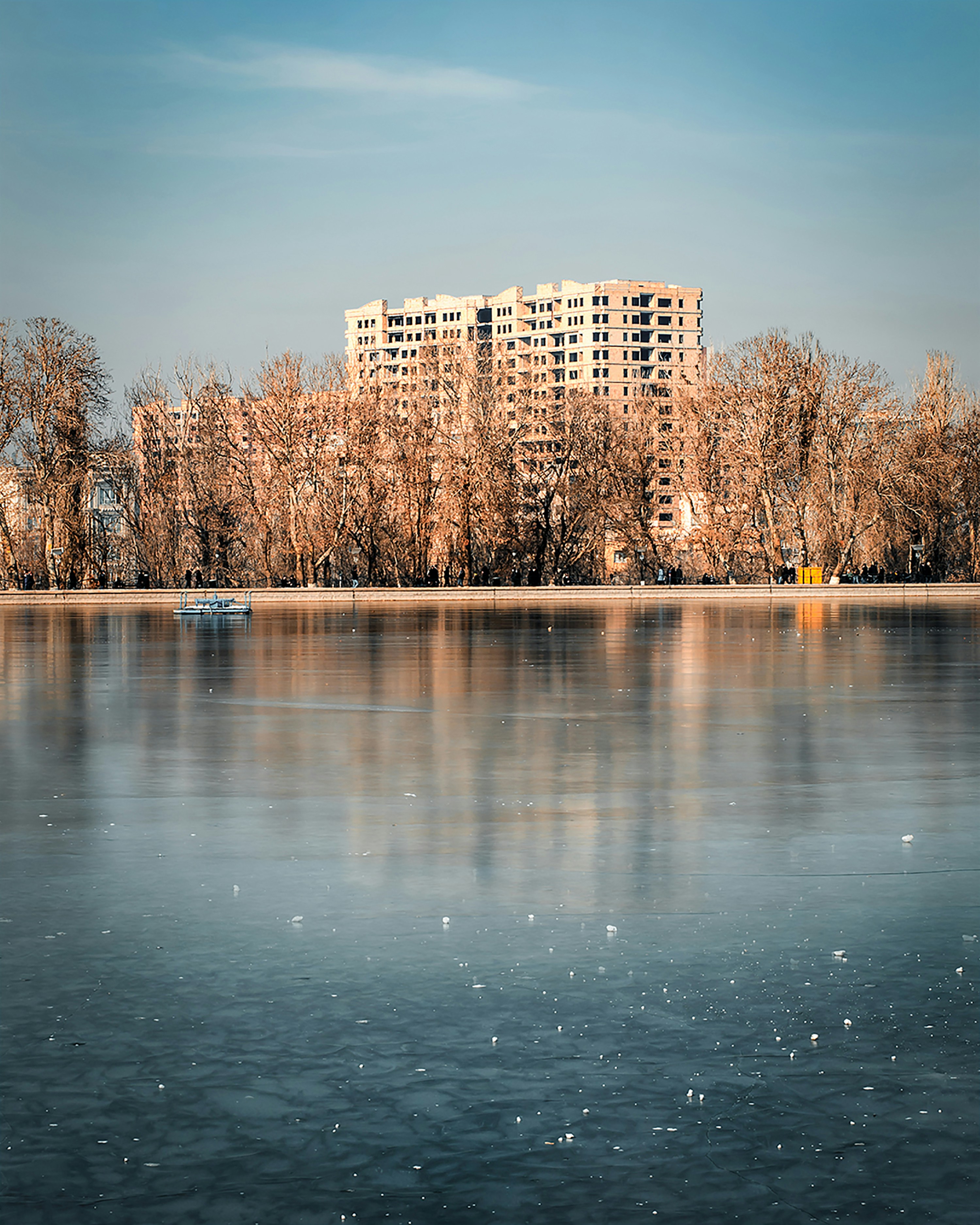A tranquil lakeside scene featuring bare trees reflecting on the still water, with a distant building rising against a clear blue sky.