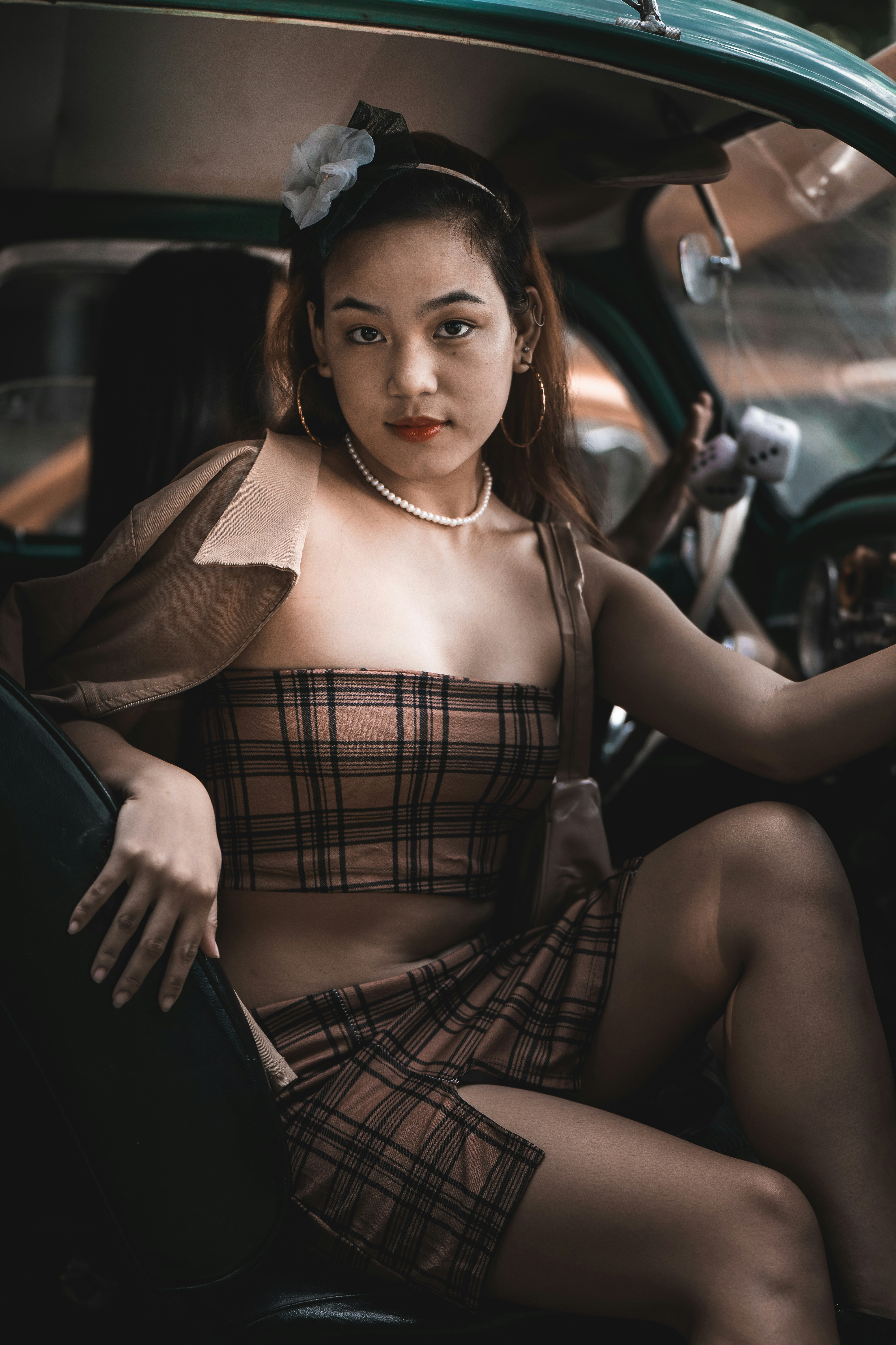Velvet Plaid in the Driver's Seat: A Vintage Glamour Portrait