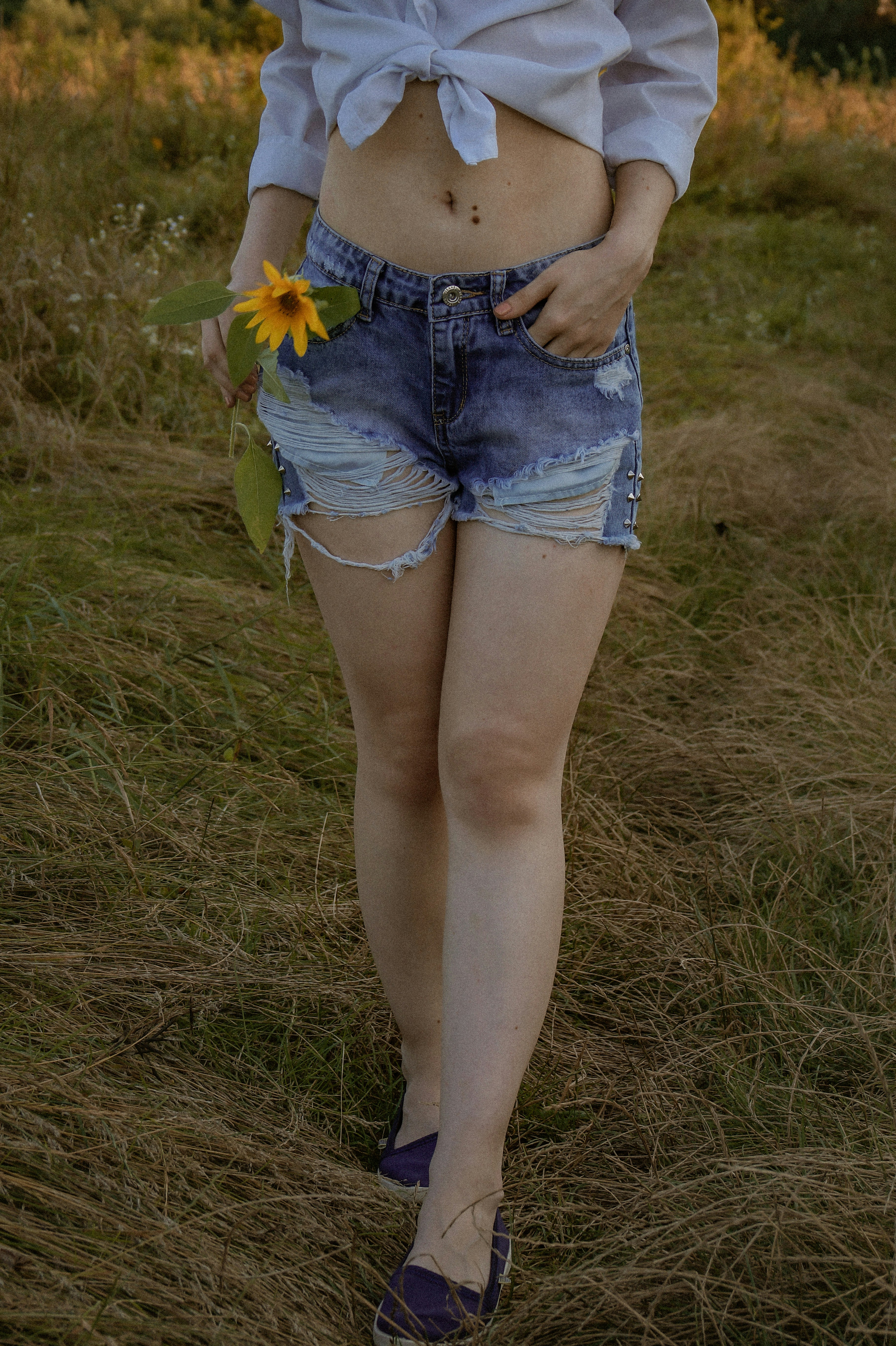 A cropped portrait of a person standing in a sunlit field, wearing a tied light-blue shirt and distressed denim shorts, holding a sunflower. The scene emphasizes relaxed summer style amid tall grass and warm natural light.