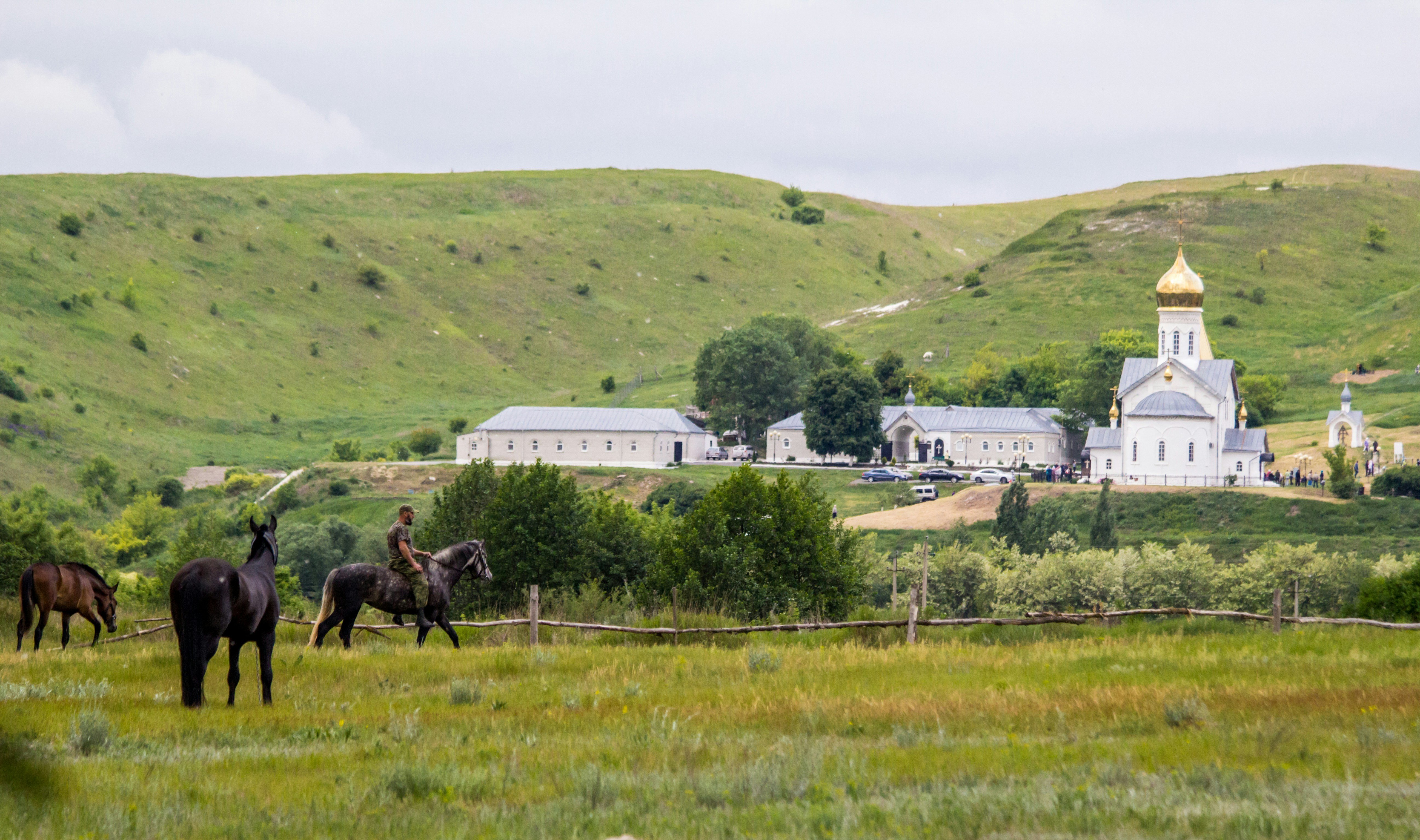 Pasture Meets Monastery: Horses at the Foot of a Quiet Valley