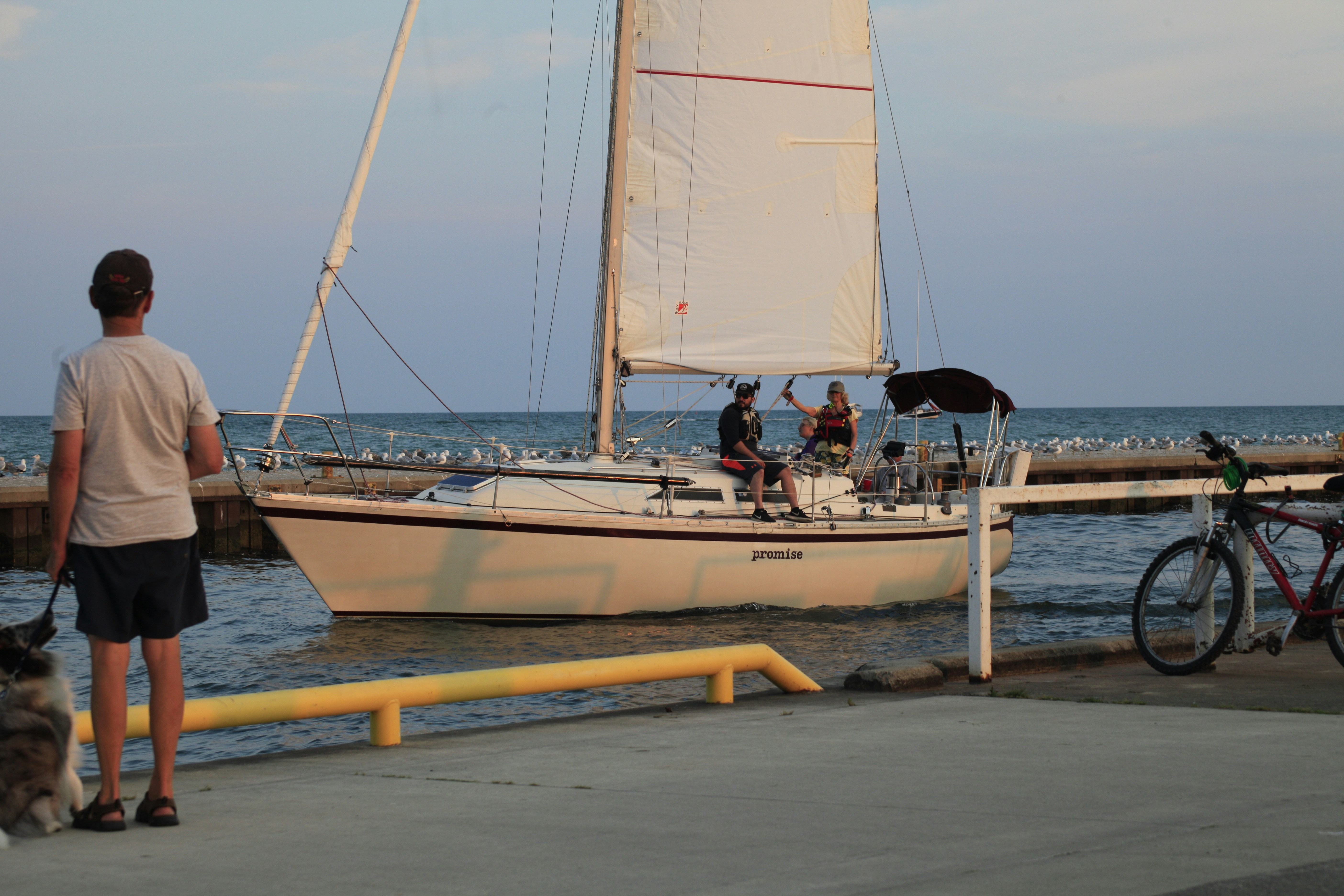 Dockside Sloop: Quiet Maritime Moment with People, Pedals, and Sea