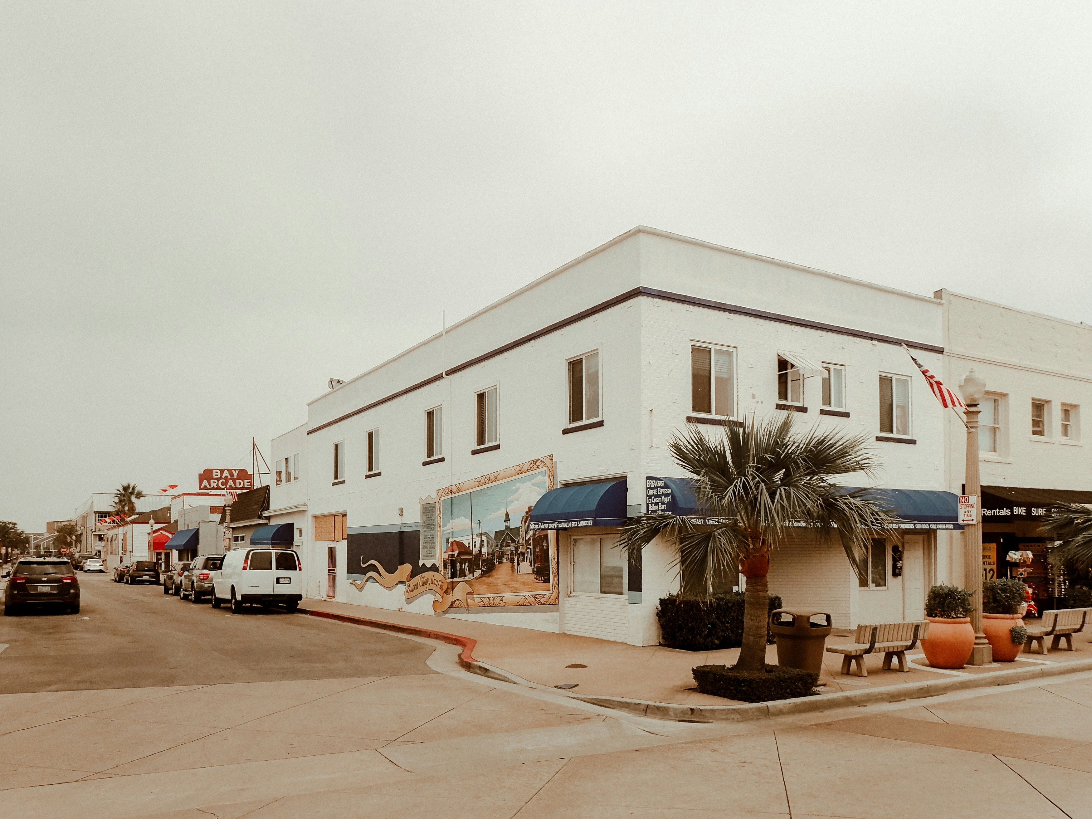 Sunlit Main Street Corner with Palm and Terrace