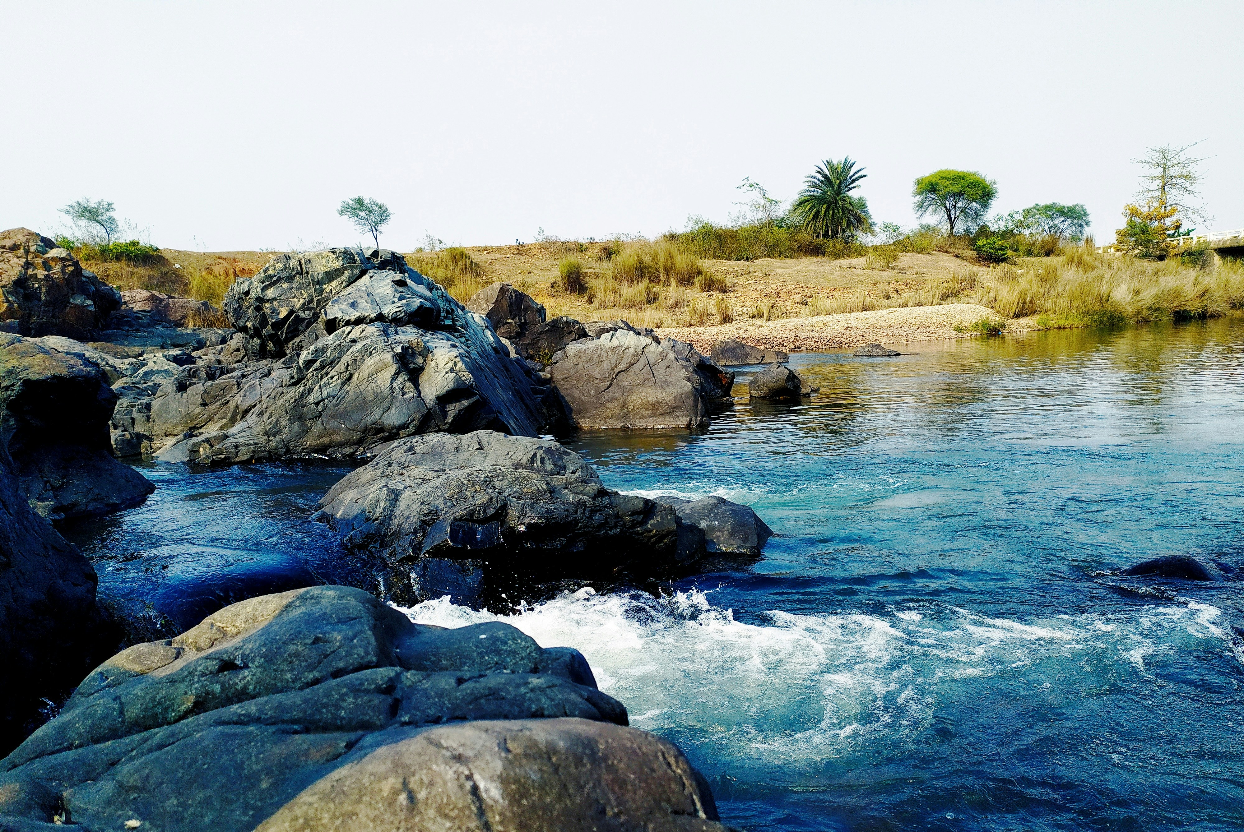 Flowing river cascading over rocky terrain, framed by sparse vegetation and distant trees.